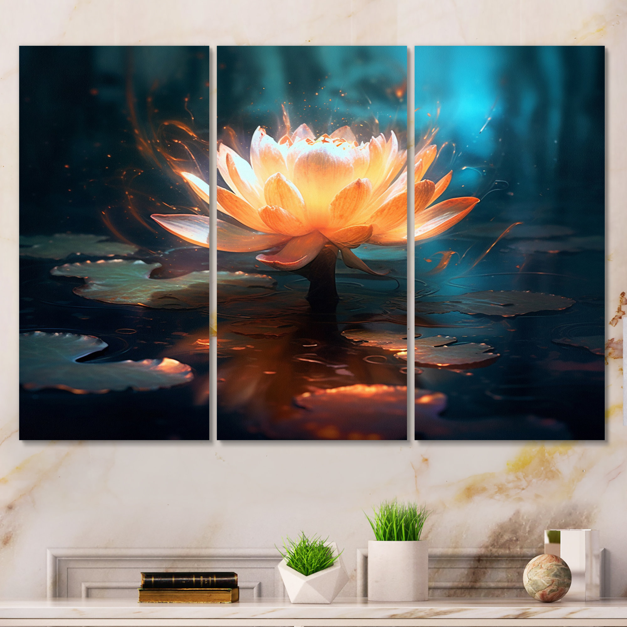 Design Art Cinematic White Lotus In Mystical Pond - Lotus Wall Art ...