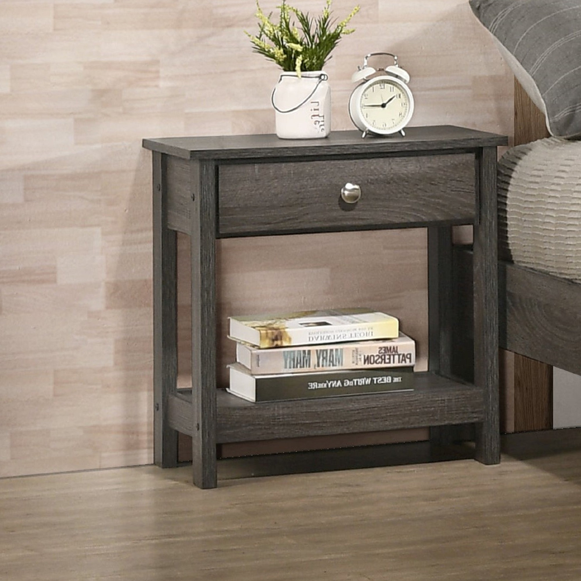 Millwood Pines 1pc Rustic Grey Nightstand Single Drawer Bottom Shelf ...