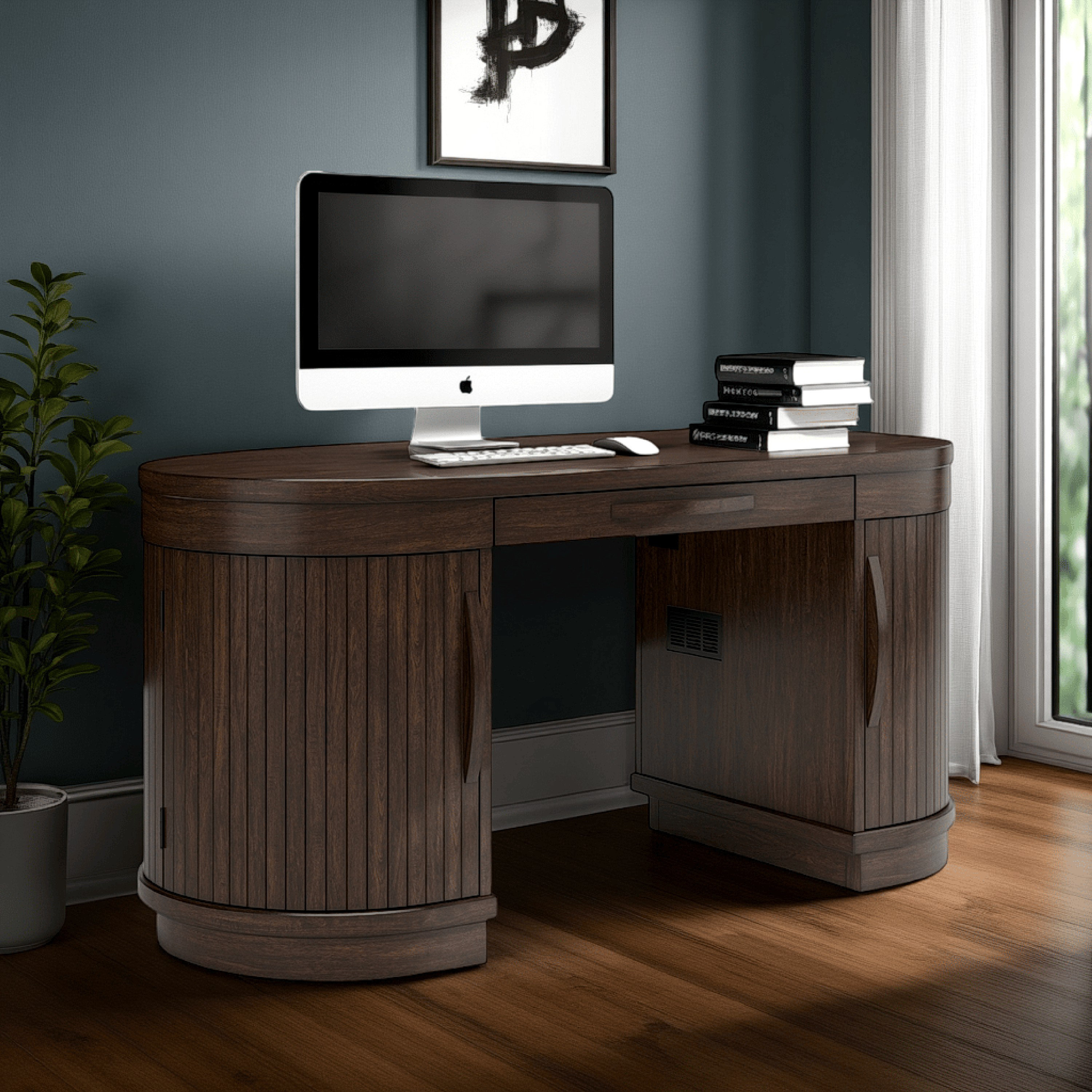 Benjara Jeno Home Office Desk, 2 Half Round Ribbed Doors, Brown Wood 63 ...