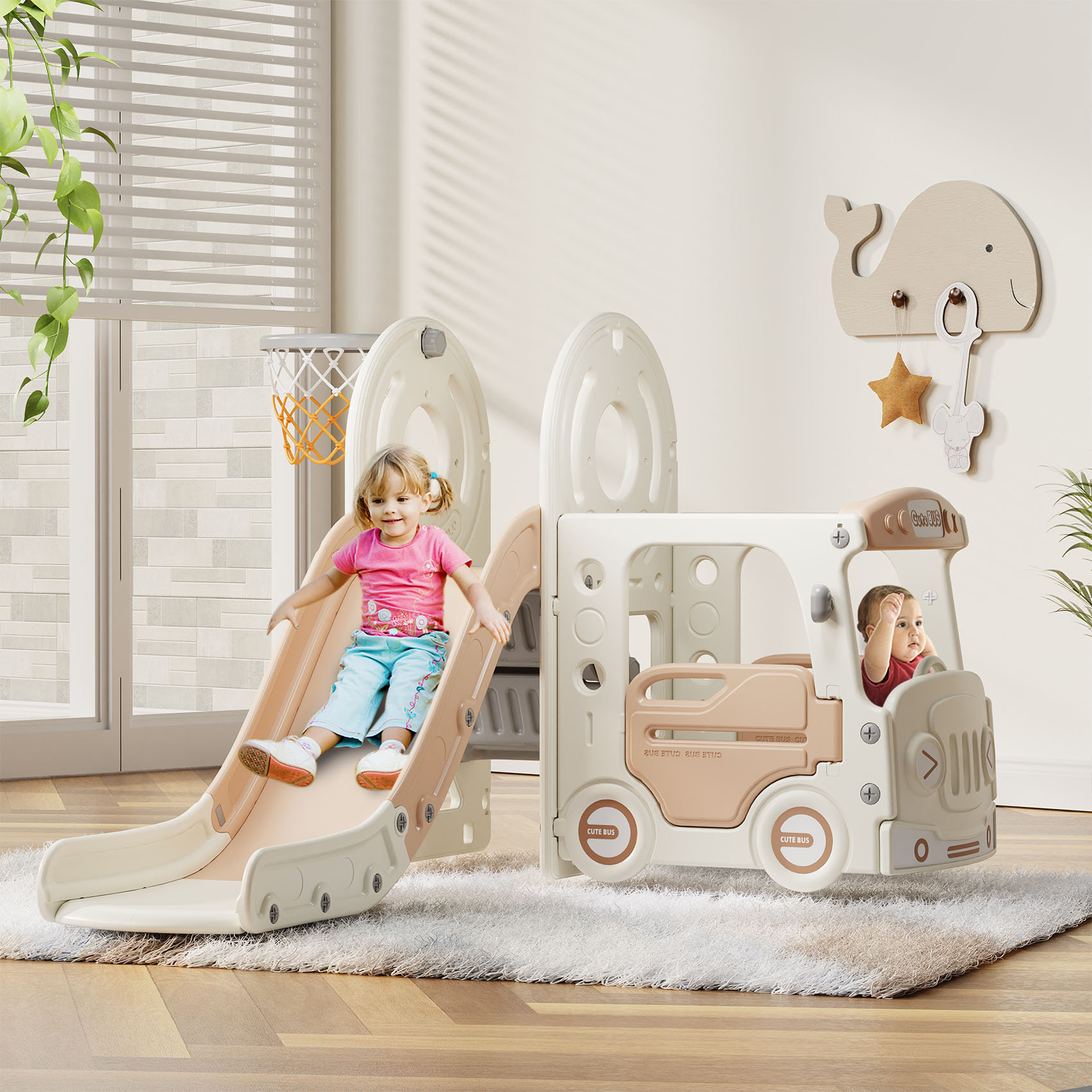 Suteck 4 in 1 Toddler Slide, Kids Slide with Climber and Bus Playhouse ...