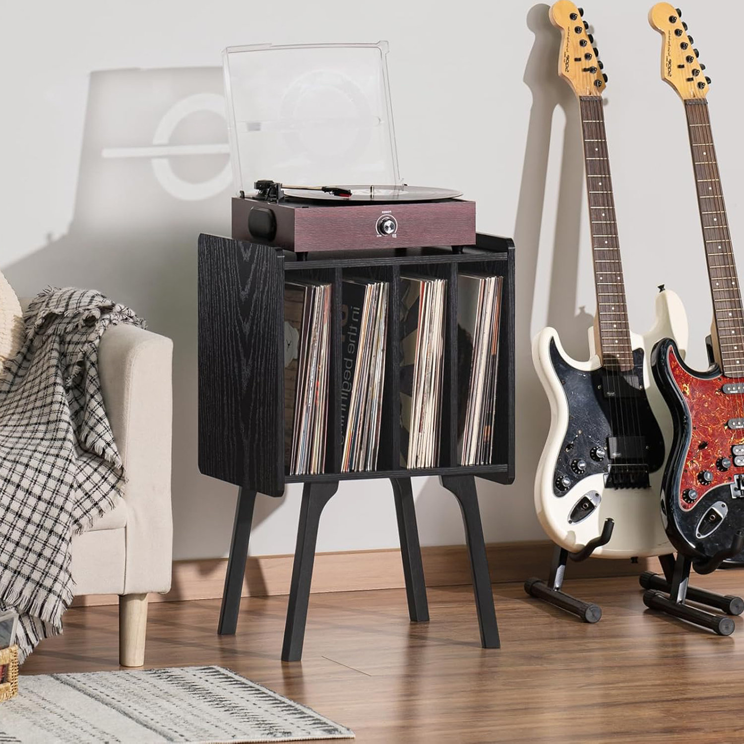 George Oliver Record Player Stand, Vinyl Record Storage Table with 4 ...