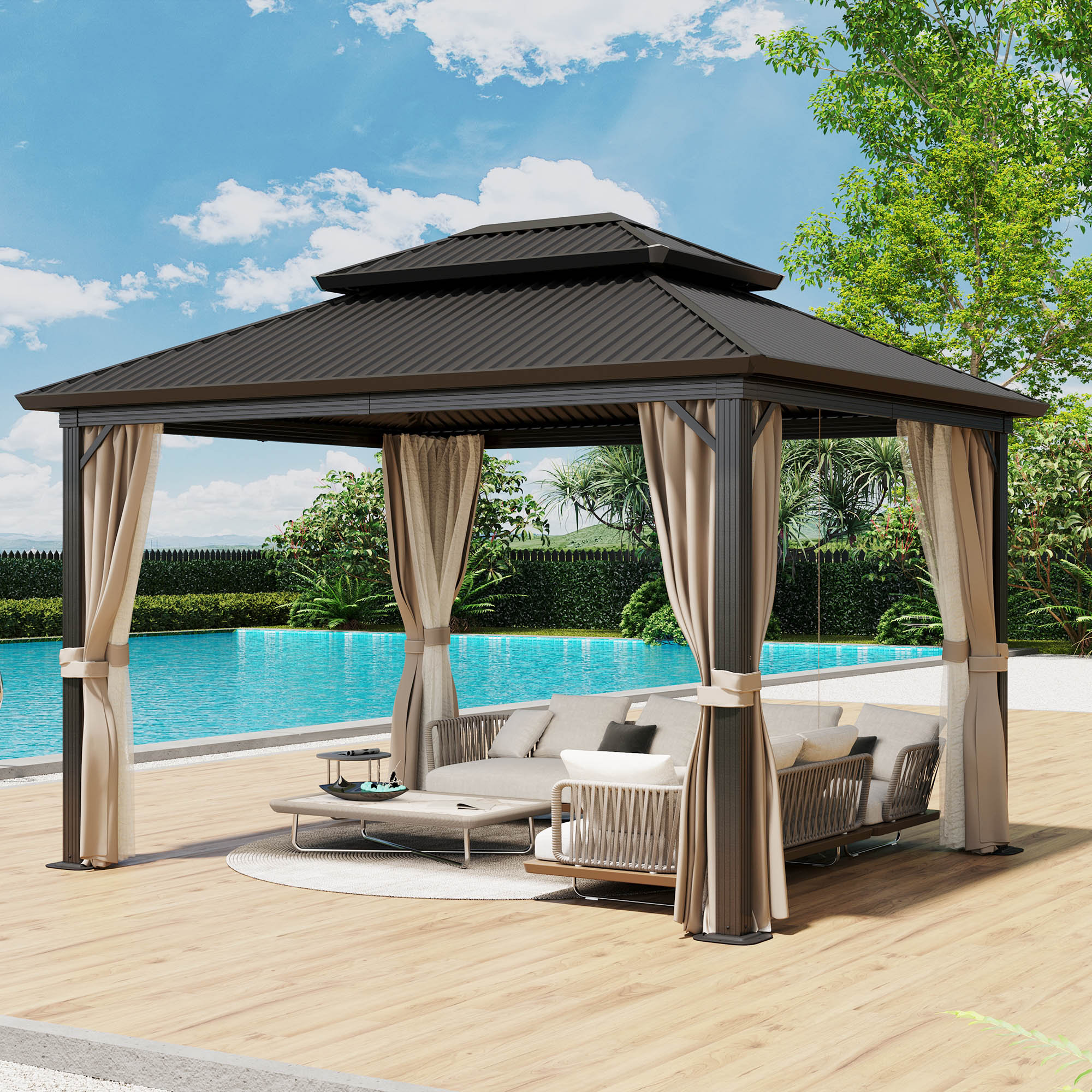 StarEcho 12 pi. L 10 pi. D Pavillon de jardin à double toit avec rideau ...