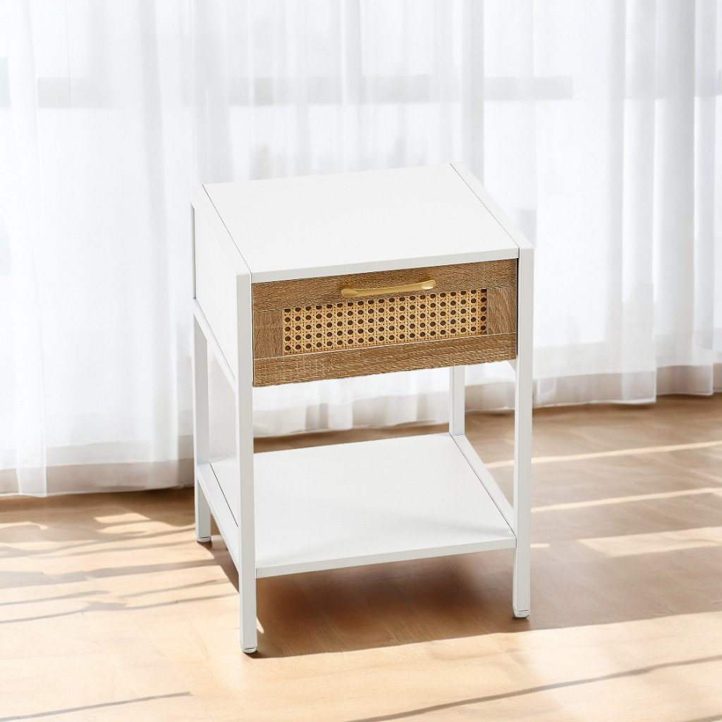Ebern Designs Modern Rattan Side Table With Drawer, Metal Legs ...