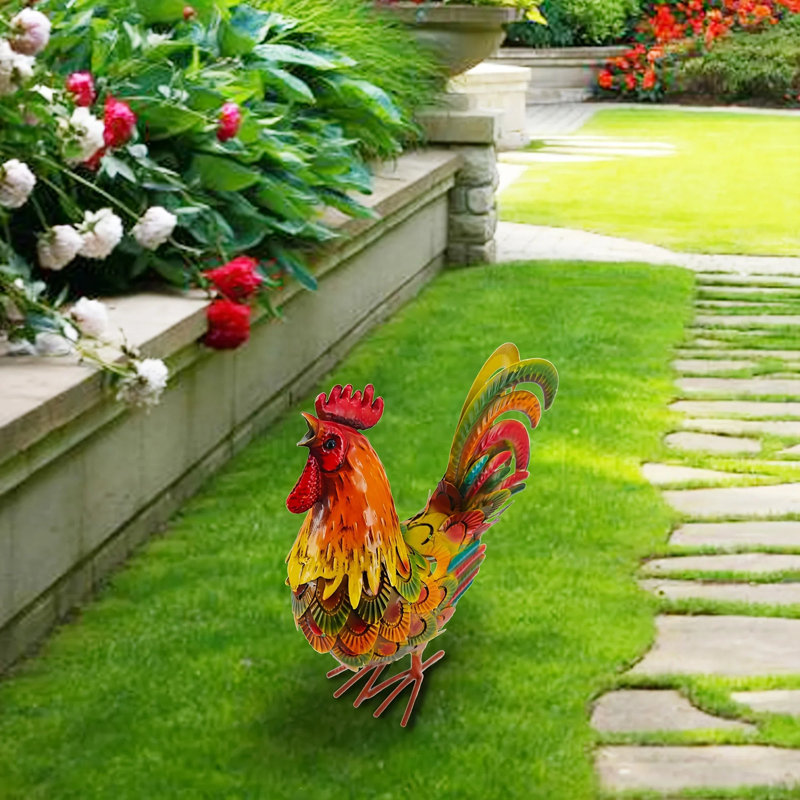 House of Avana Colorful Metal Rooster Statue For Outdoor Garden | Perigold