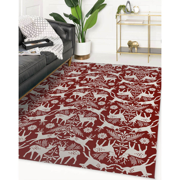 The Twillery Co.® Woodville DEER ME CRANBERRY Area Rug | Wayfair