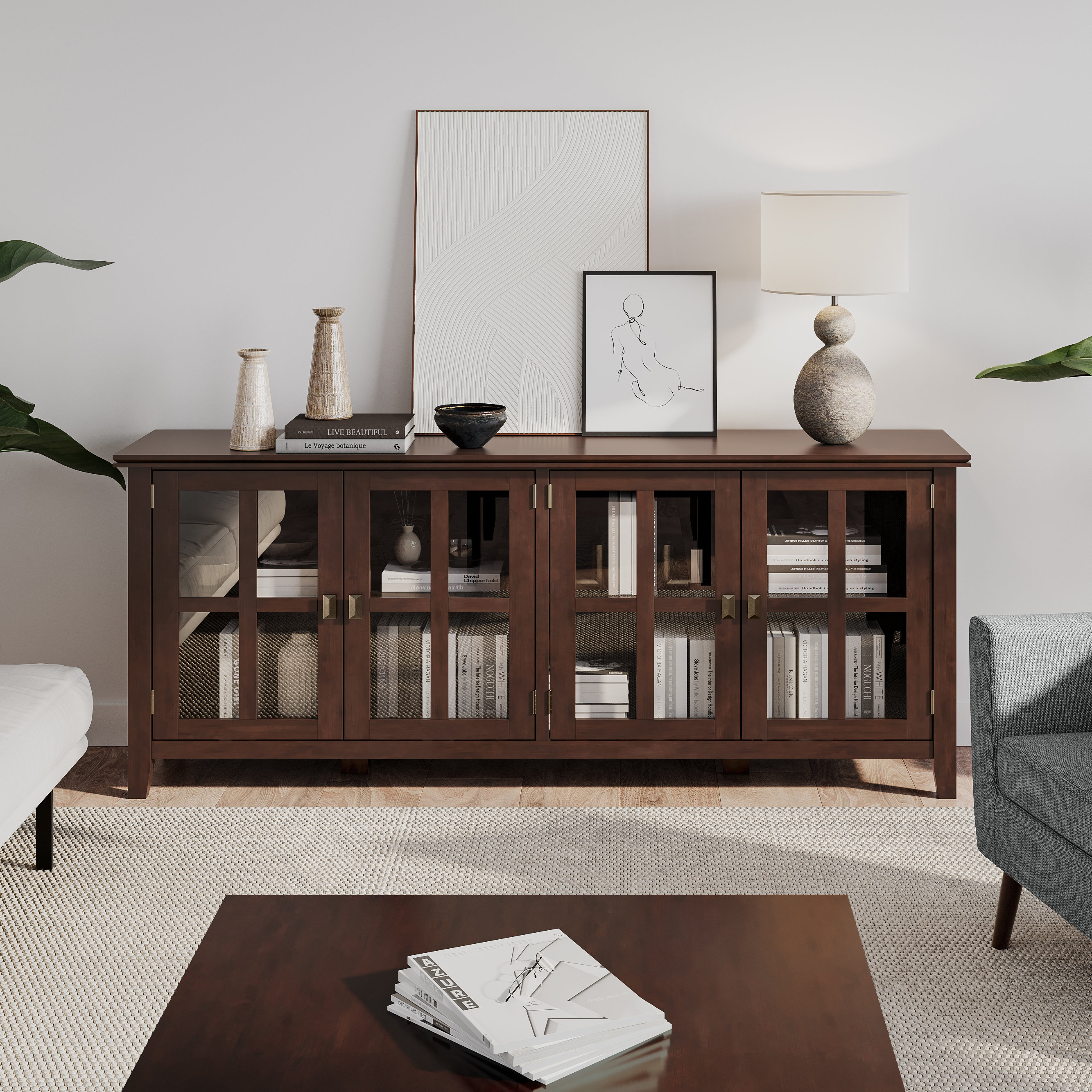 Simpli Home Artisan 66"W Solid Wood 4-Shelf Storage Cabinet with ...