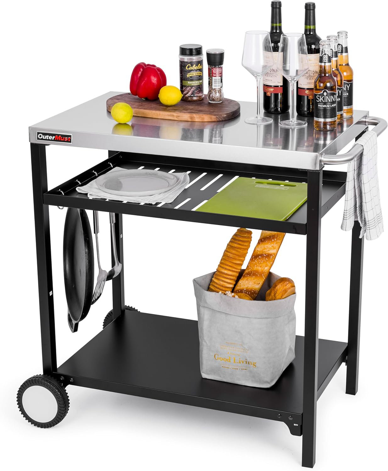 OuterMust Three-Shelf Grill Cart Outdoor Grill Table with Wheels ...