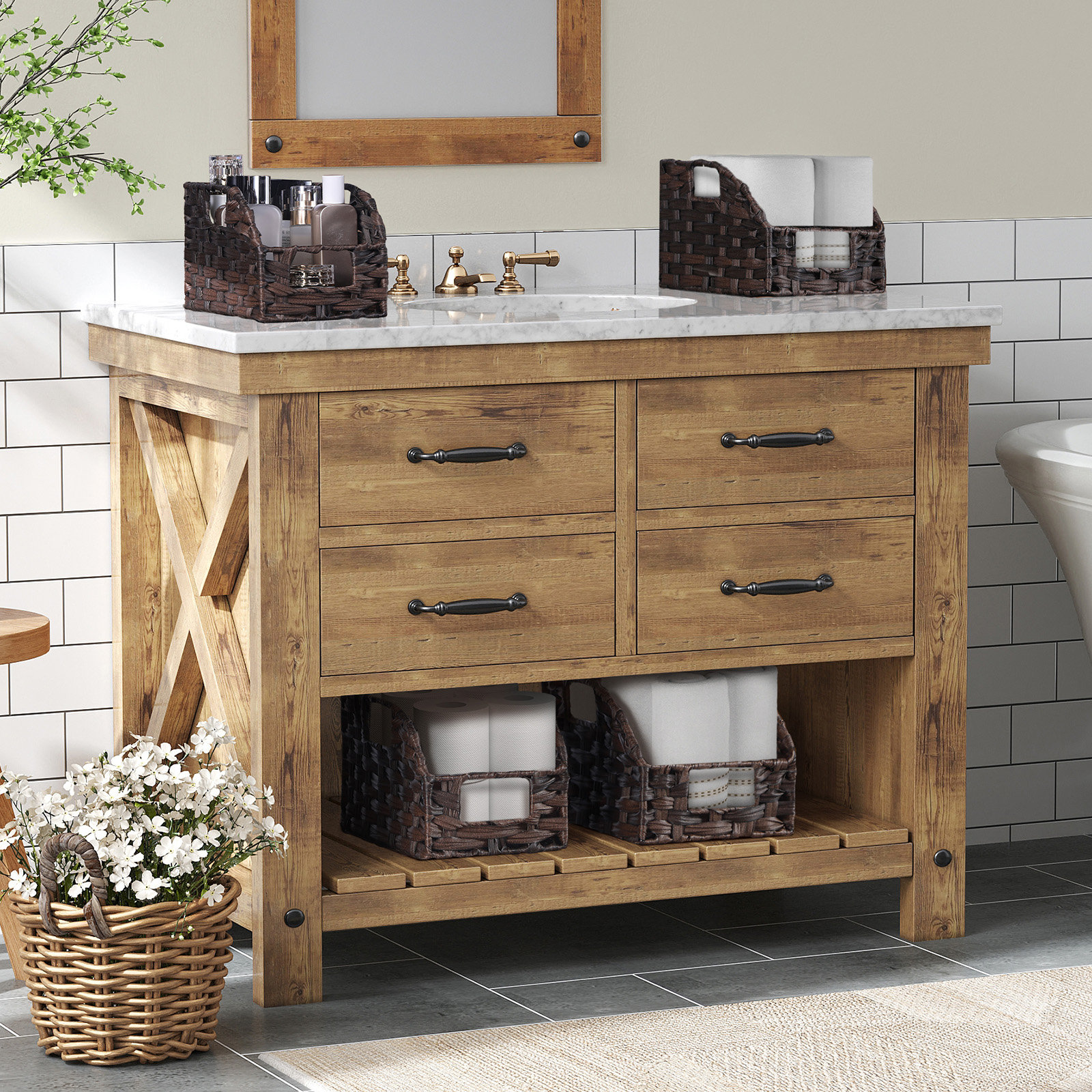 Gracie Oaks Handwoven Pp Wicker Storage Basket, Waterproof Imitation Rattan Basket With Built-in ...