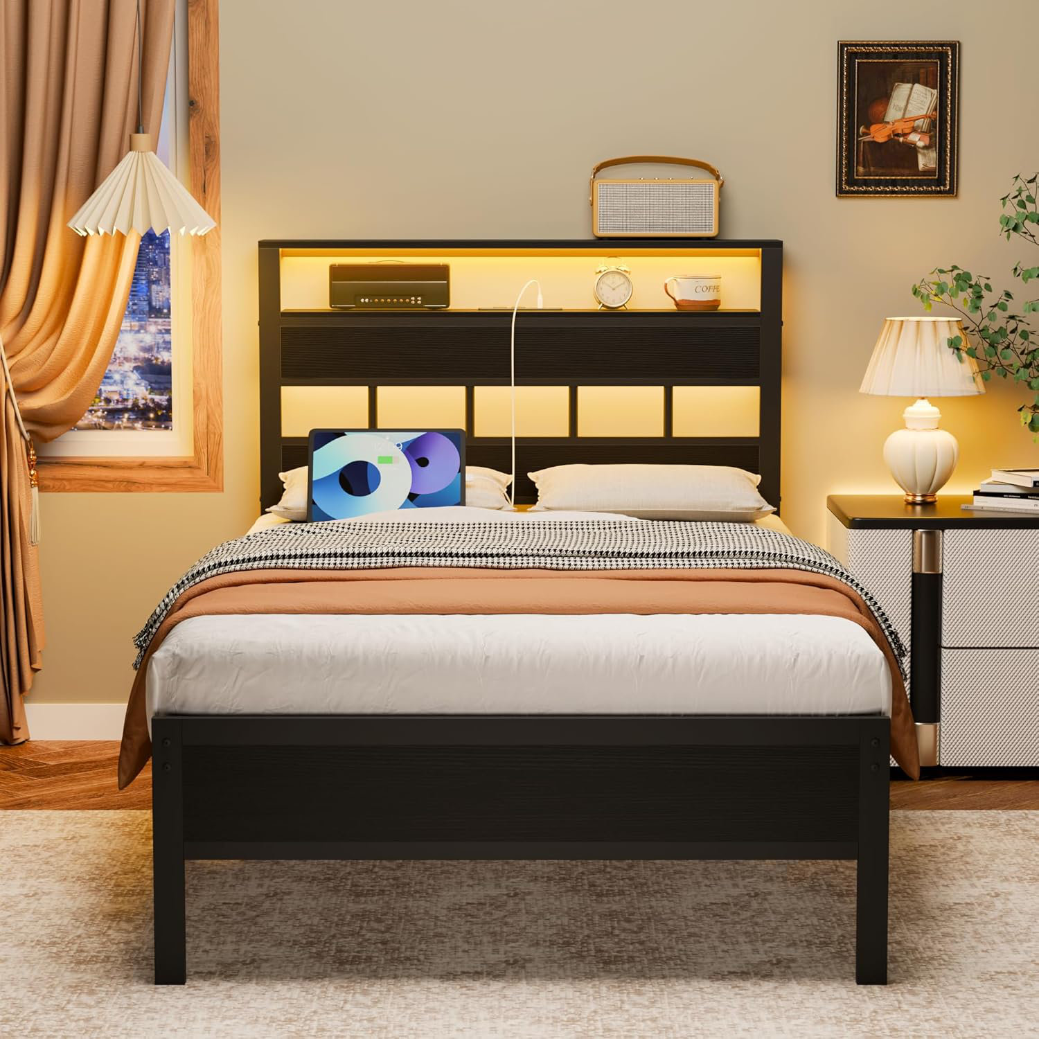 Wrought Studio™ Full Size Bed Frame With LED Light And Charging Station ...