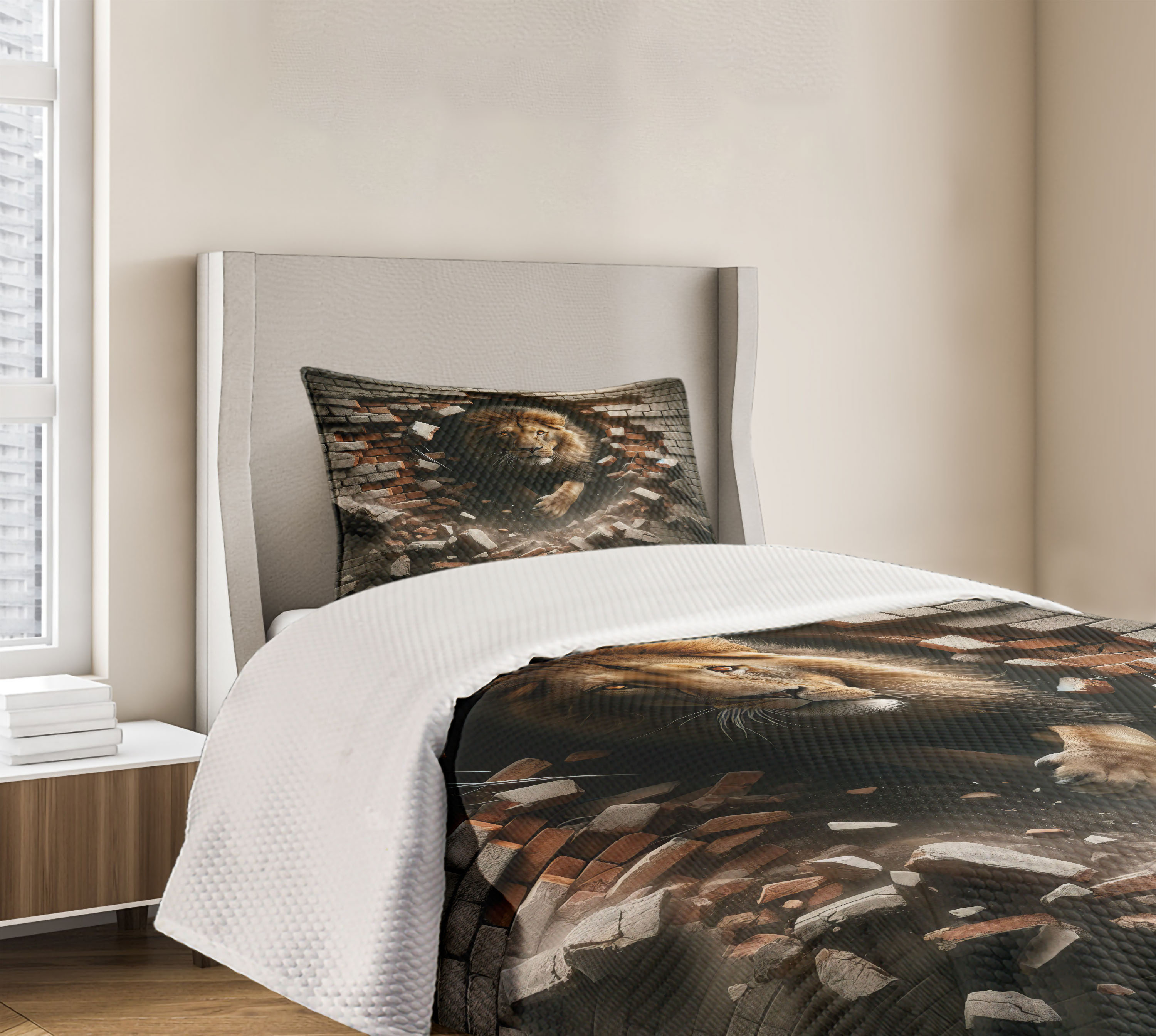Ambesonne Lion Bedspread Emerging from Brick 430022 | Wayfair
