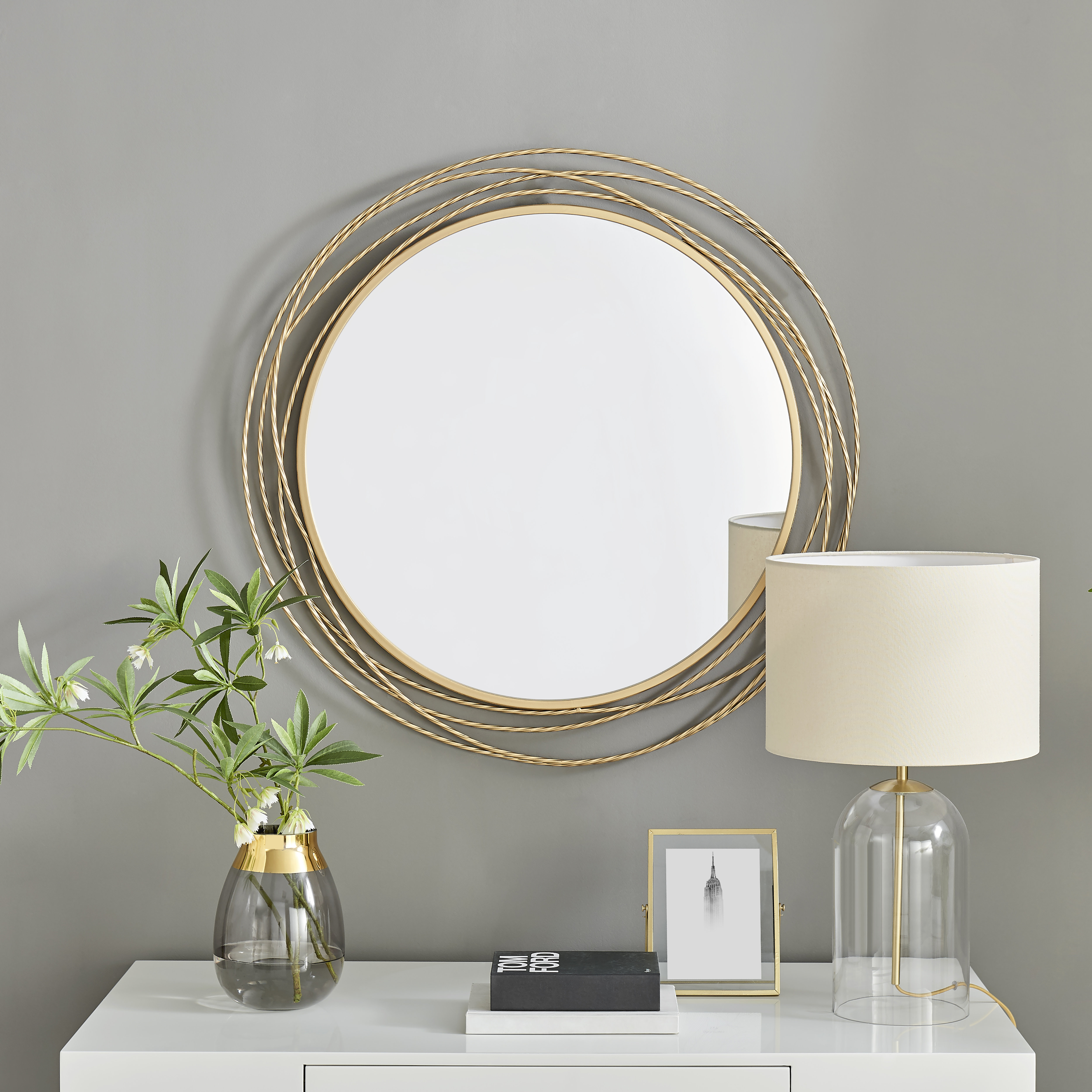 Canora Grey Rowden layered metal frame round mirror with a modern ...