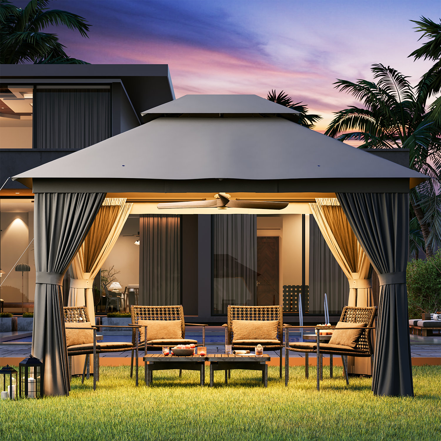 JolyDale Pavillon de jardin d'extérieur à toit souple avec double toit ...