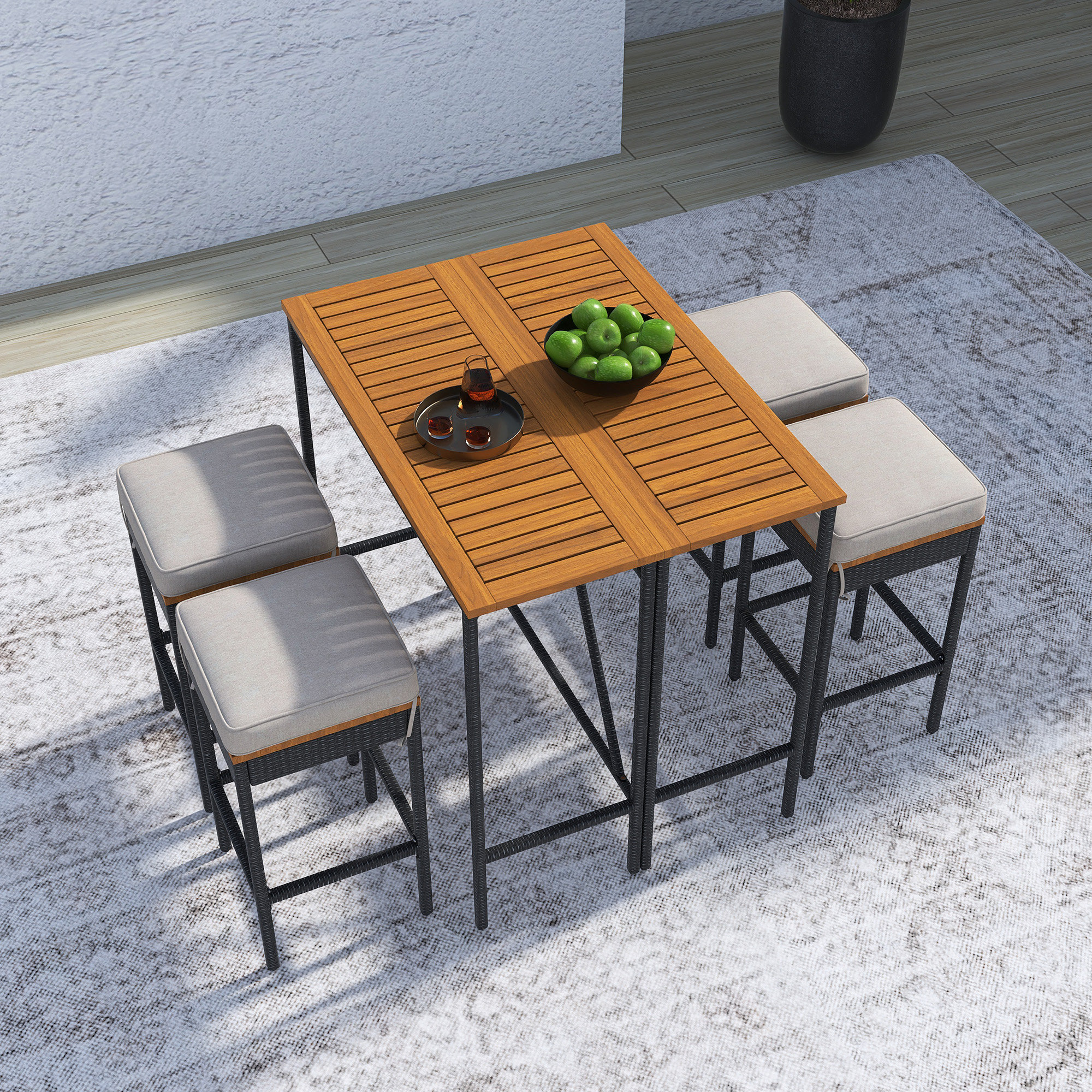 17 Stories 5-Piece Outdoor Acacia Wood Bar Height Table | Wayfair