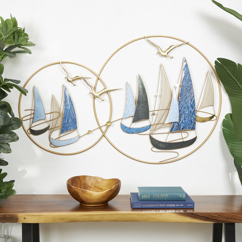 Breakwater Bay Metal Sail Boat Blue Wall Decor with Gold Circle Frames ...