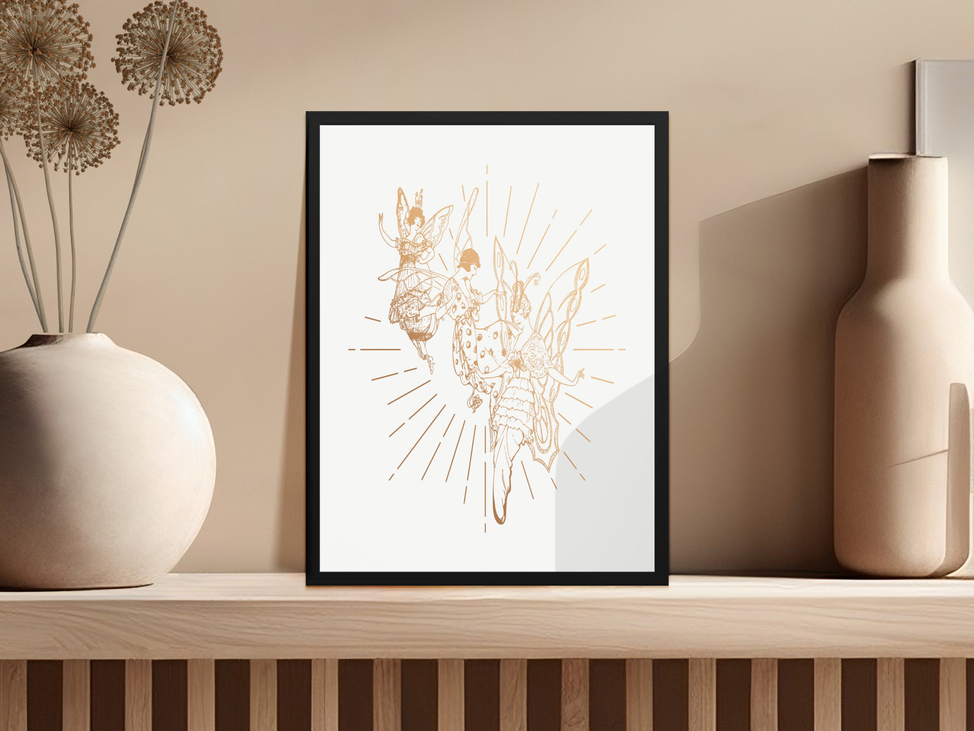 Lark Manor Fairy Golden Line Illustration Modern Home Decor Framed ...