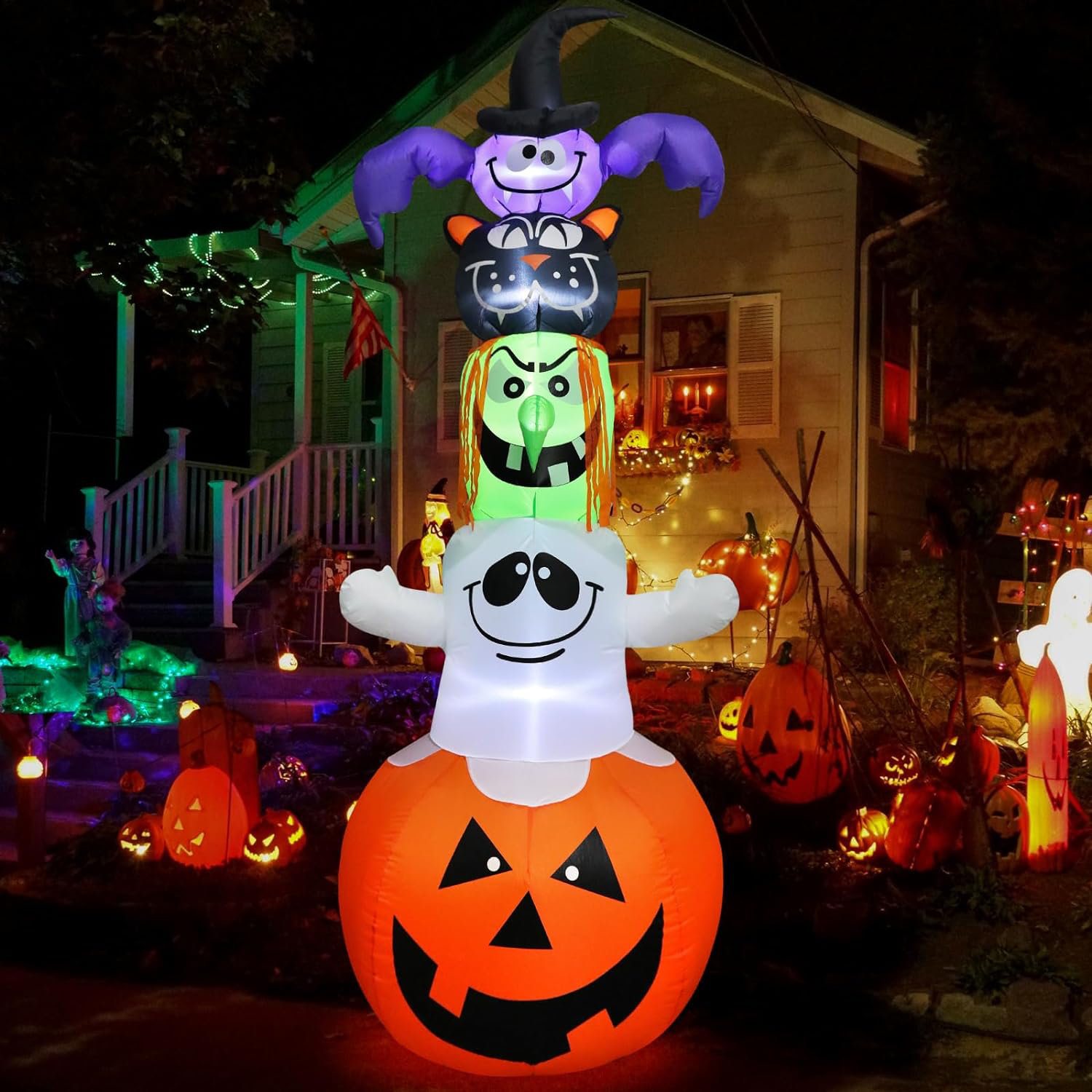 The Holiday Aisle® 8FT Halloween Inflatables Pumpkin With Stacked Bat/Black Cat/Witch/Ghost ...