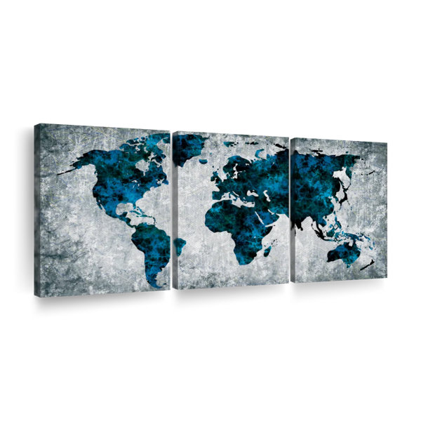 17 Stories " Dark Blue Blend World Map Multi Piece Canvas Print " 3 ...