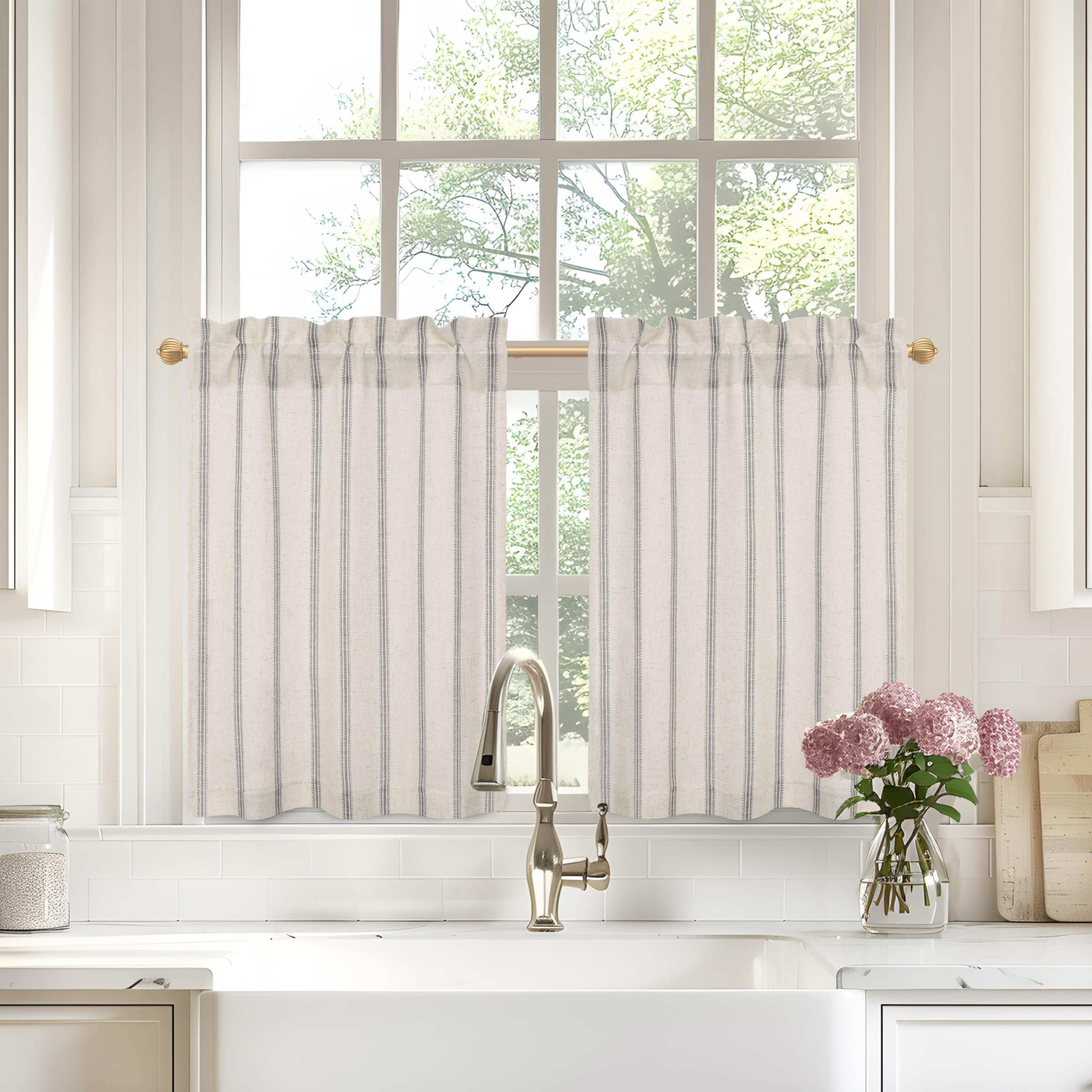 Gracie Oaks Farmhouse Kitchen Curtains Striped Tier Linen Short ...