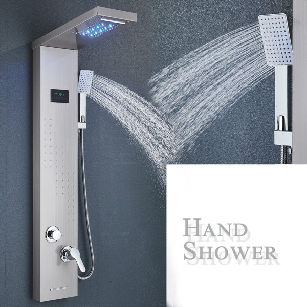 Nabiyy Brushed Nickel LED Shower Panel Tower Rainfall & Waterfall ...