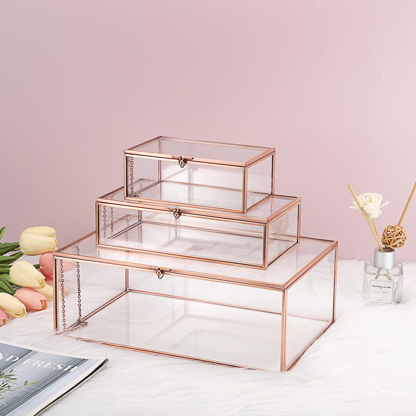Mercer41 Vintage Rose Gold Hinged Glass Jewelry Box, Elegant Storage ...