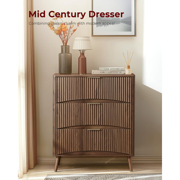 Millwood Pines 3 Drawer Fluted Dresser, Walnut Wood Curved Dresser With ...