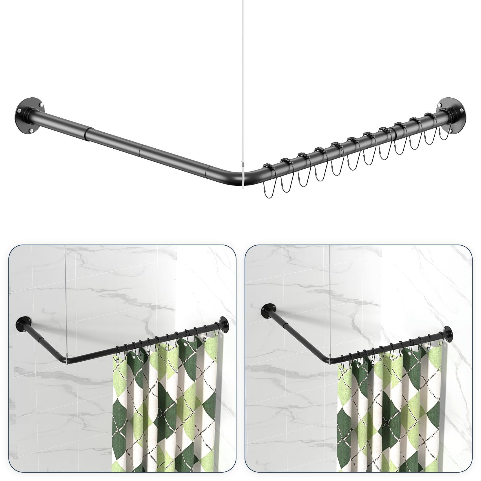 OLHAV L Shaped Shower Curtain Rod,Adjustable Corner Shower Curtain Rod ...