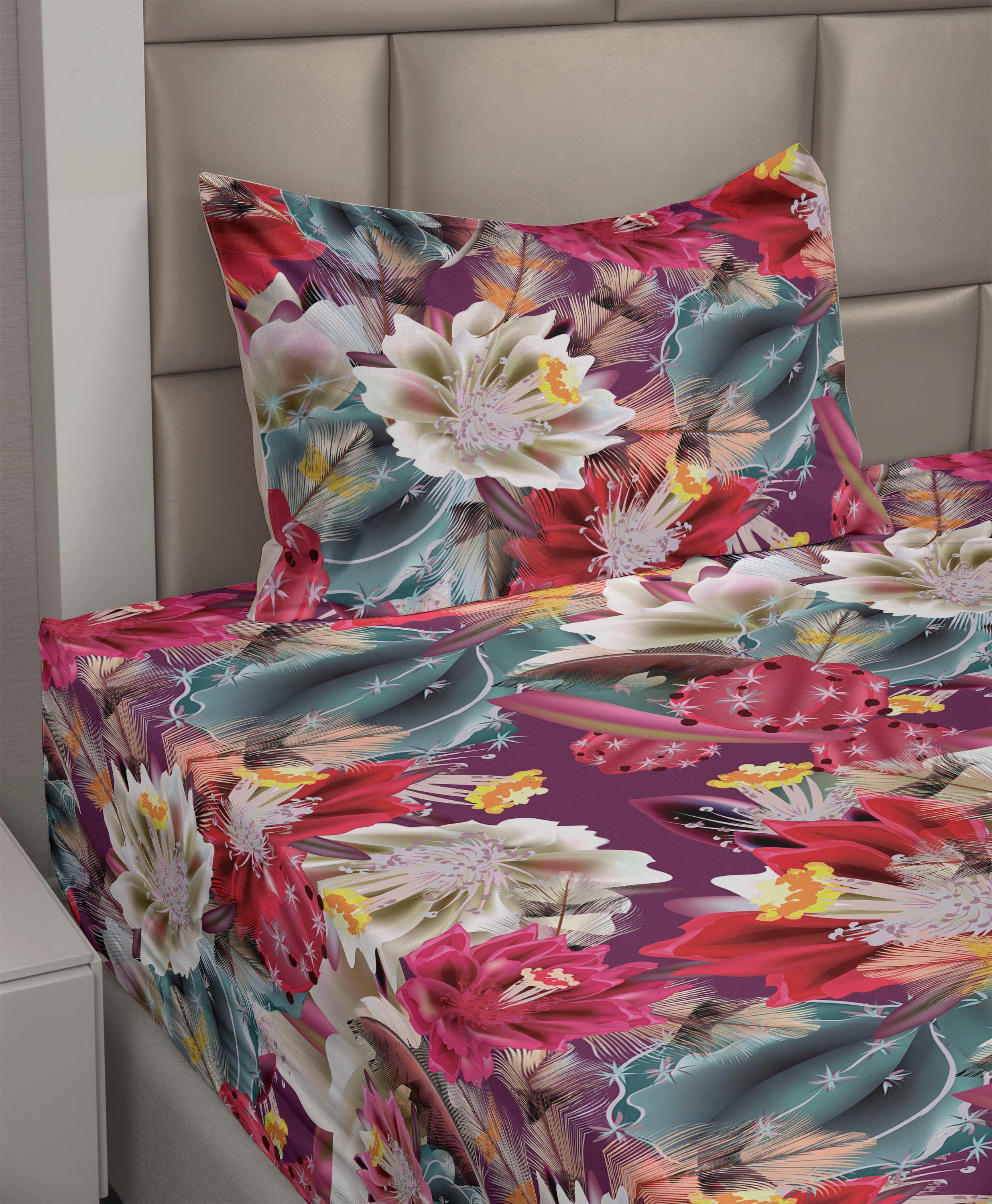Ambesonne Floral Design Sheet Set Jumble Cactus Flowers Dark Coral ...