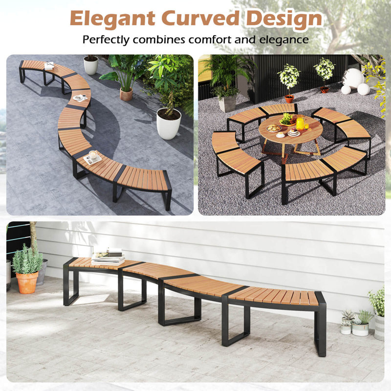 Ebern Designs Backless 2-Person Patio Curved Bench with Slatted Seat ...