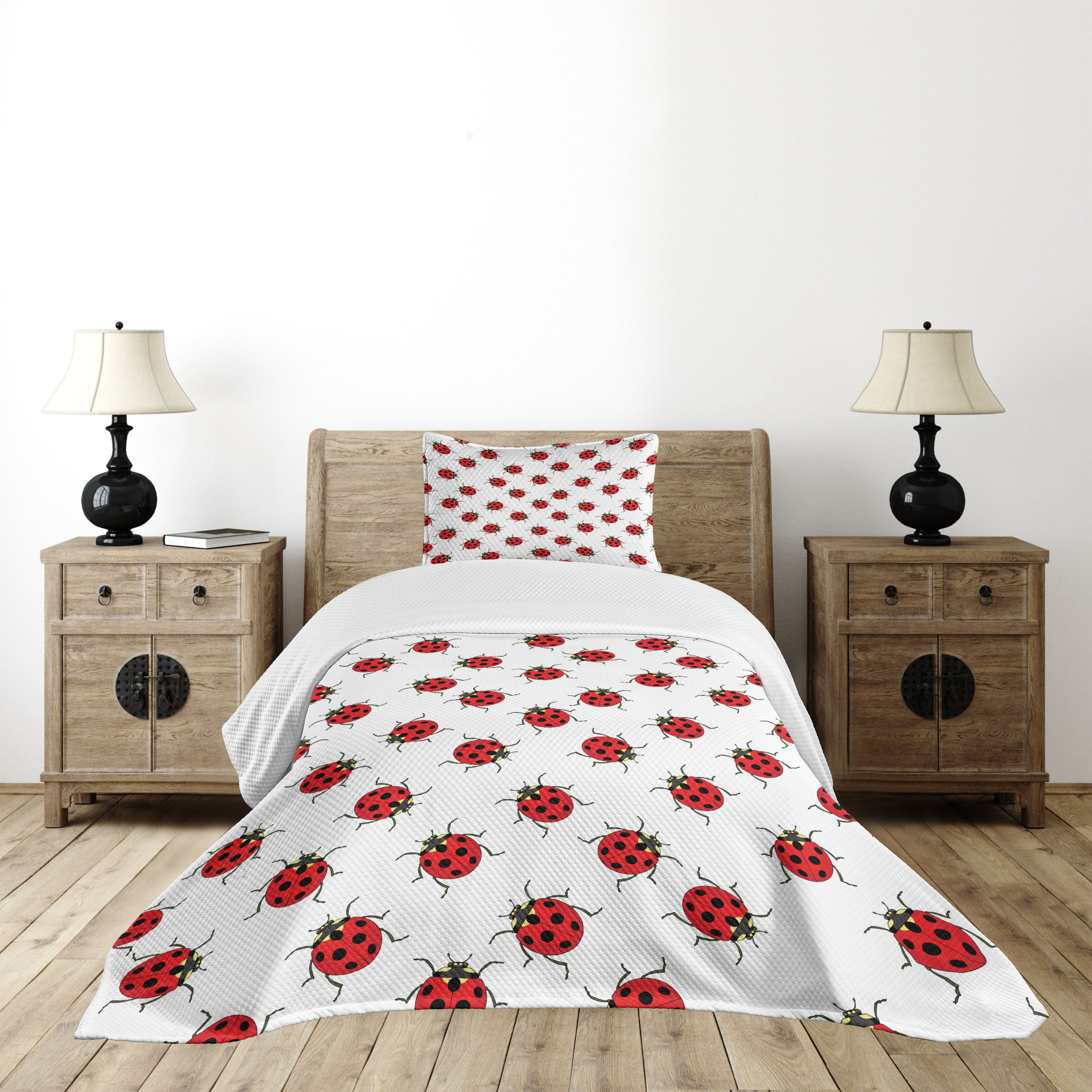Ambesonne Cartoon Bedspread Set Ladybugs Funny Art Pattern White and ...