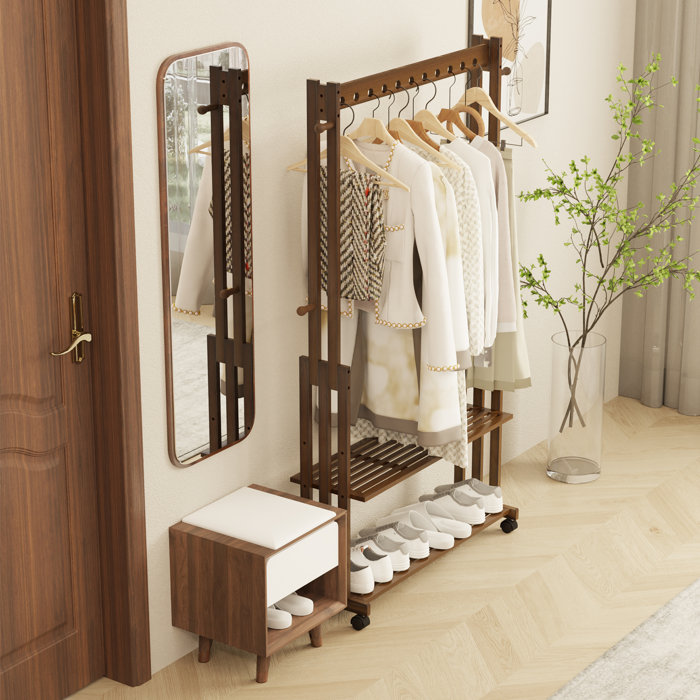 Rebrilliant Lurean 40.94'' Solid Wood Rolling Clothes Rack | Wayfair