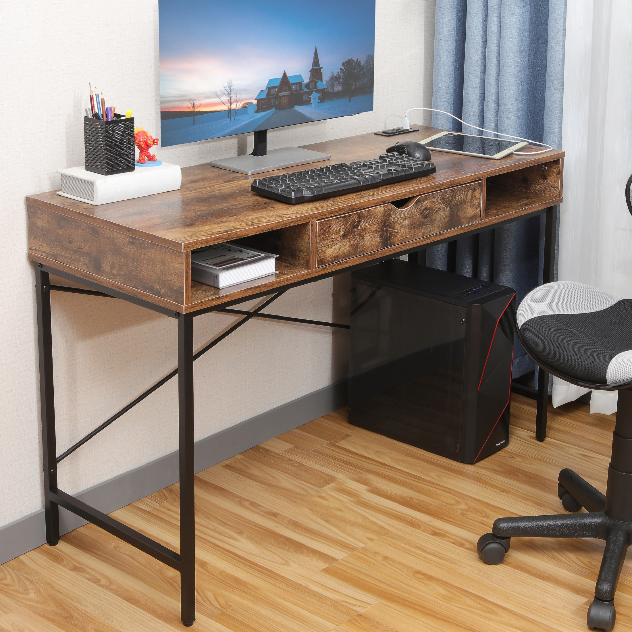 17 Stories Desk with Built-in Outlets - Modern Office Desk with USB ...