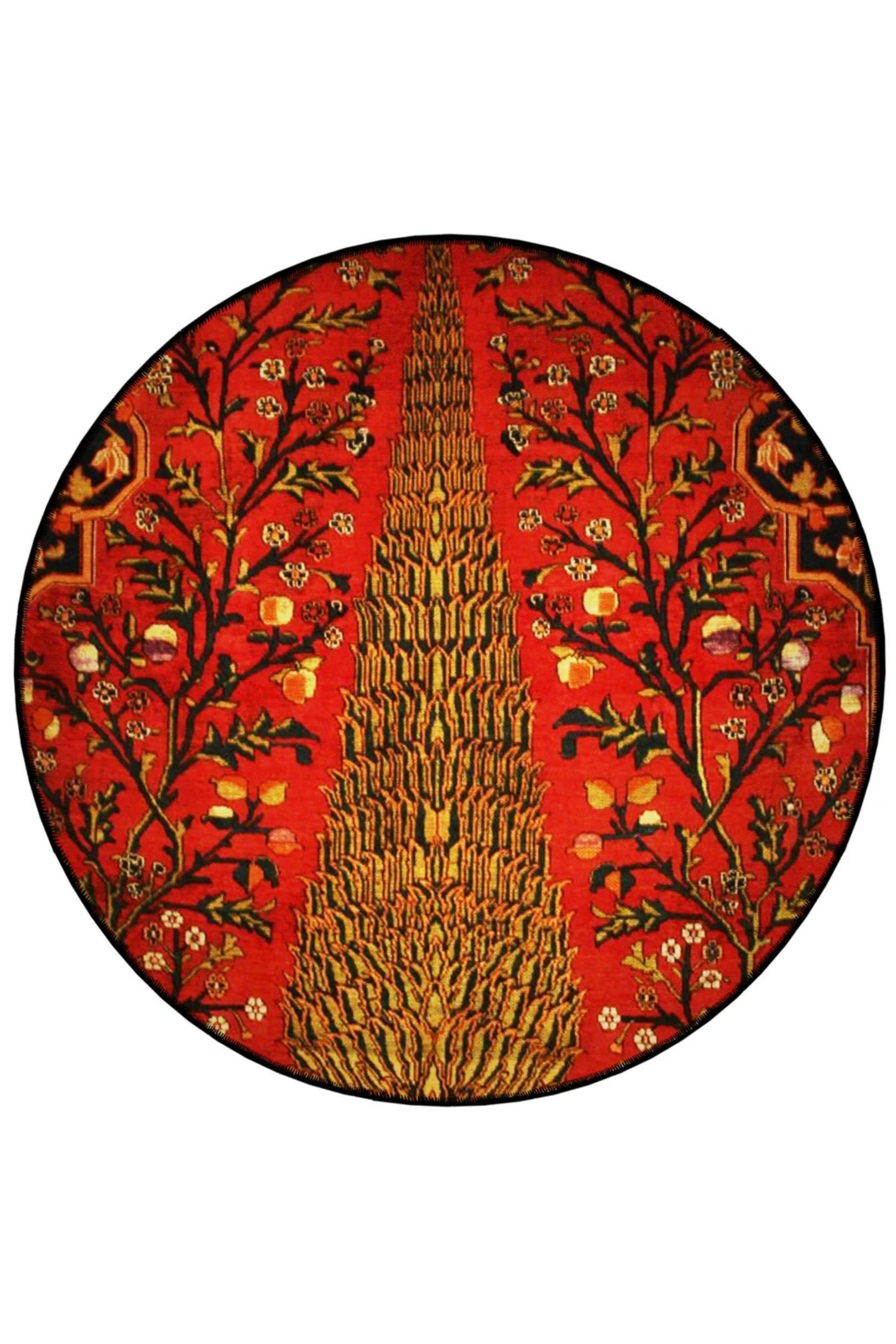 East Urban Home Red Themed Floral Motifs Patterned Round Woven Base ...
