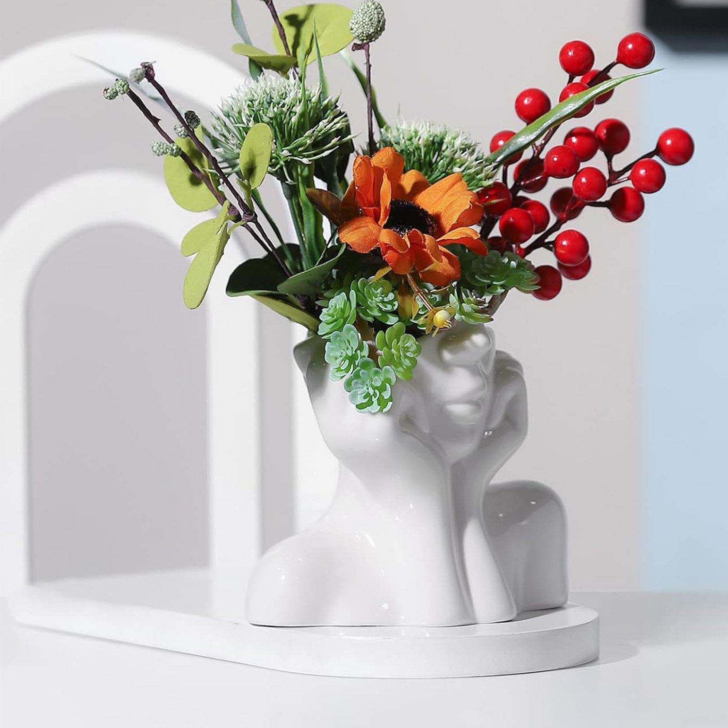 Ivy Bronx Ceramic Face Vase White Flower Vase for Decor Female Form ...