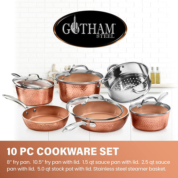 Gotham Steel Hammered Copper 10 Piece Non Stick Cookware Set & Reviews ...