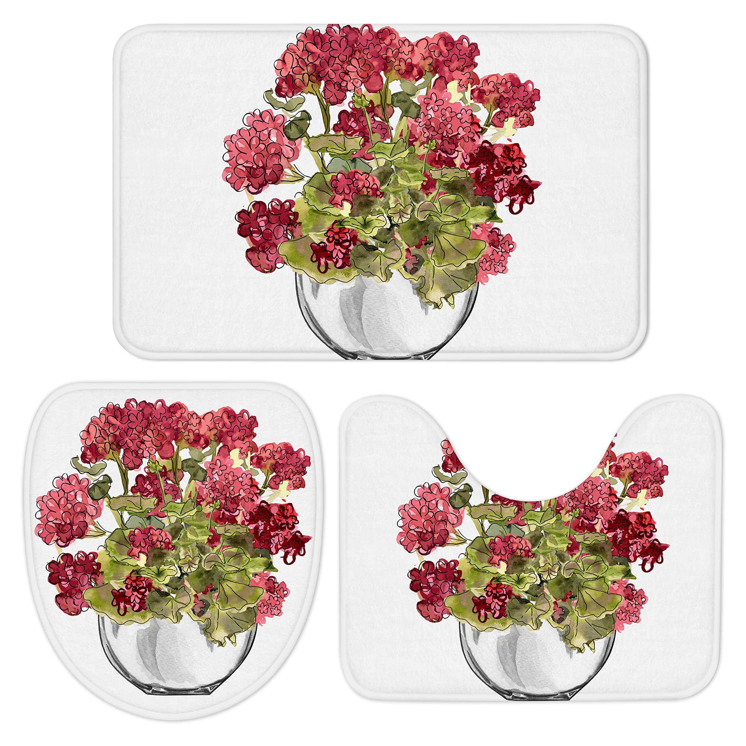 BRBCA Rustic Red Geranium Floral Bath Rug Set - 3 Piece Non-Slip ...