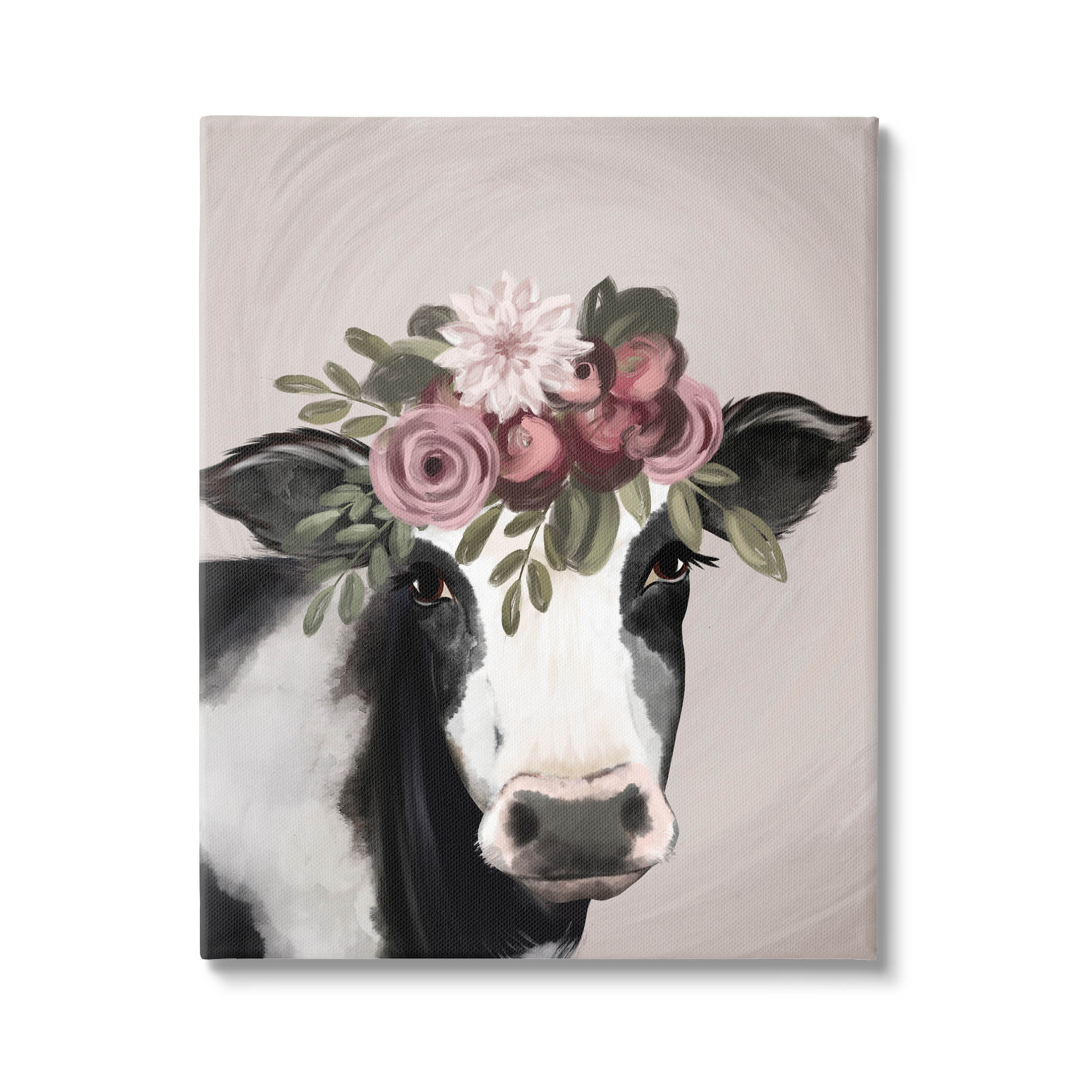 Stupell Industries Floral Farm Cow Pink Blooms Canvas Wall Art By Jo ...