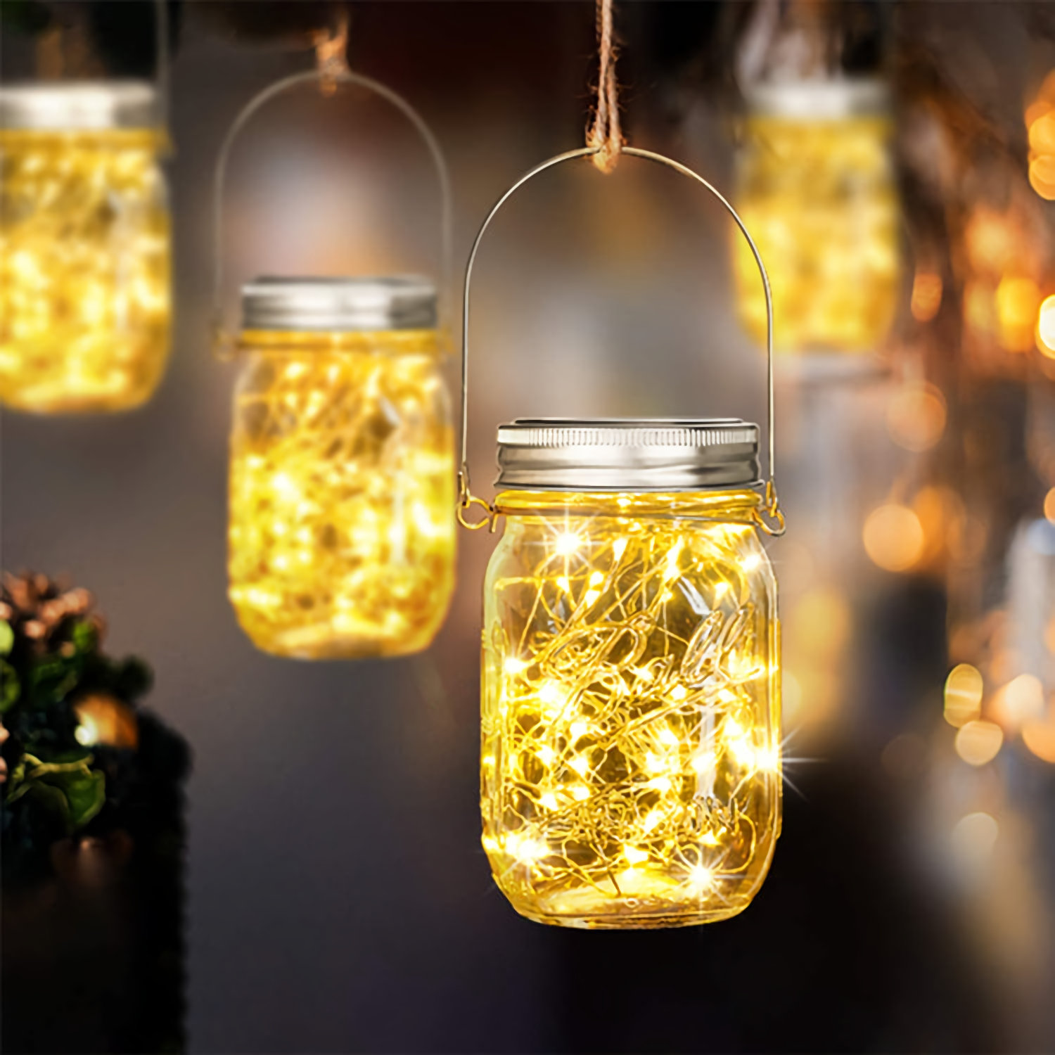 YI LIGHTING LED 2-Pieces 5.3" Solar-Powered Outdoor Hanging Mason Jar ...