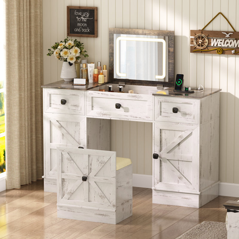Gracie Oaks Multifunctional Vanity Desk With Lighted Flip Top Mirror ...