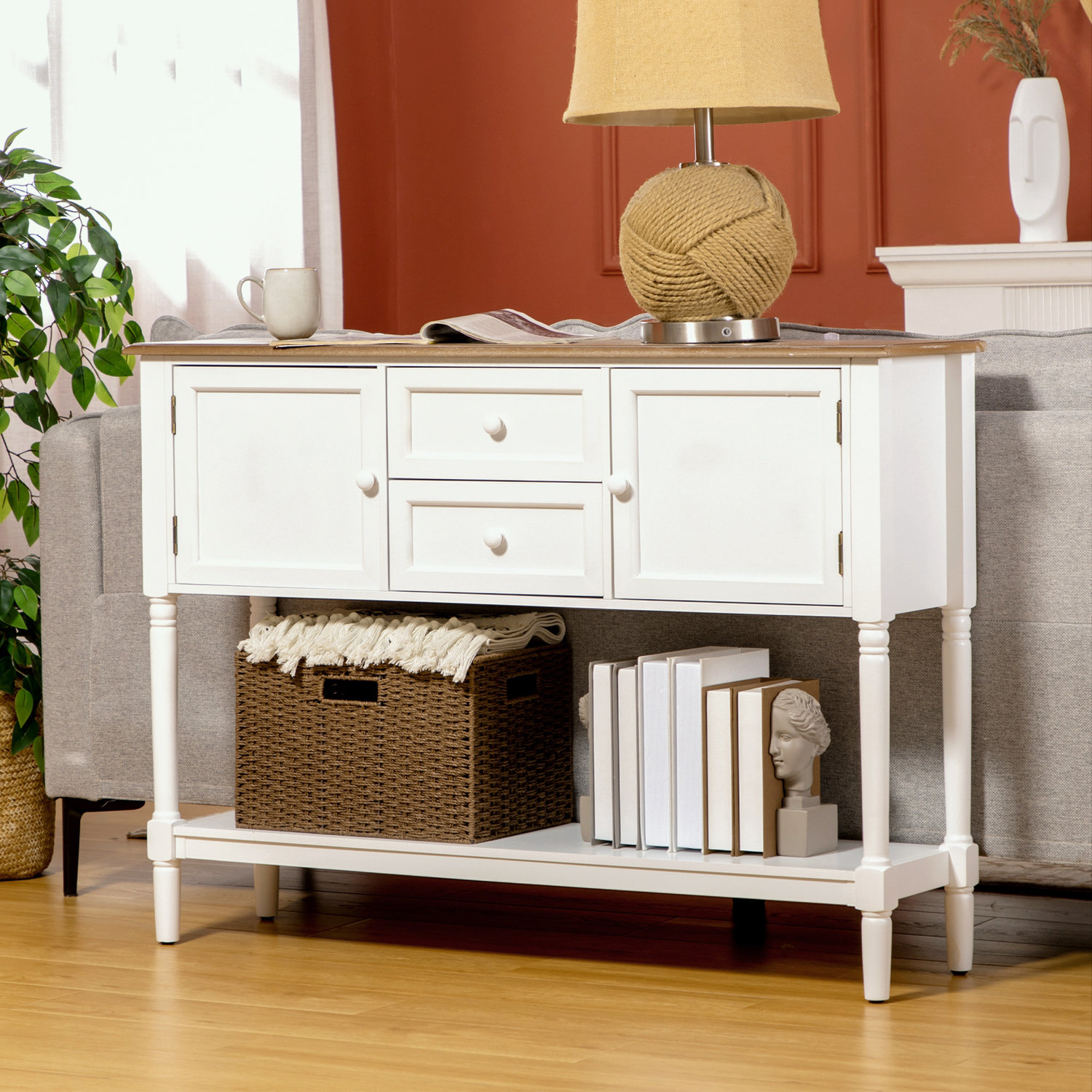 Charlton Home Console Table with 2 Drawers, Cabinets and Bottom Shelf ...