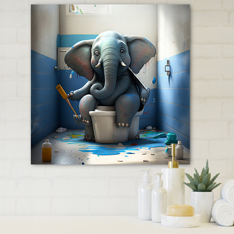 Trinx Cartoon Elephant on Toilet - Wrapped Canvas Print | Wayfair