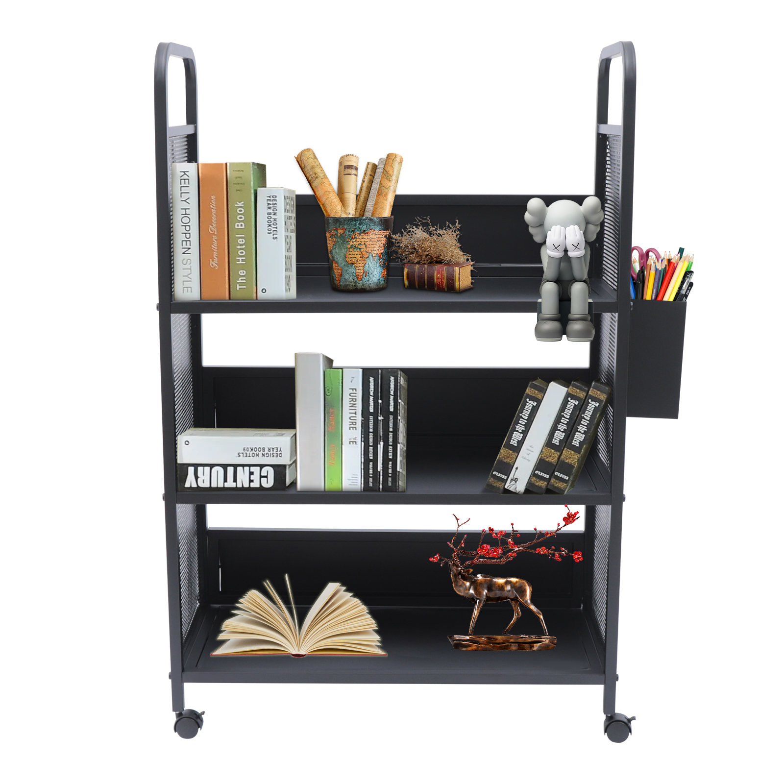YYBUSHER 3-tier Rolling Book Truck Book Cart with 3 Flat Shelves ...