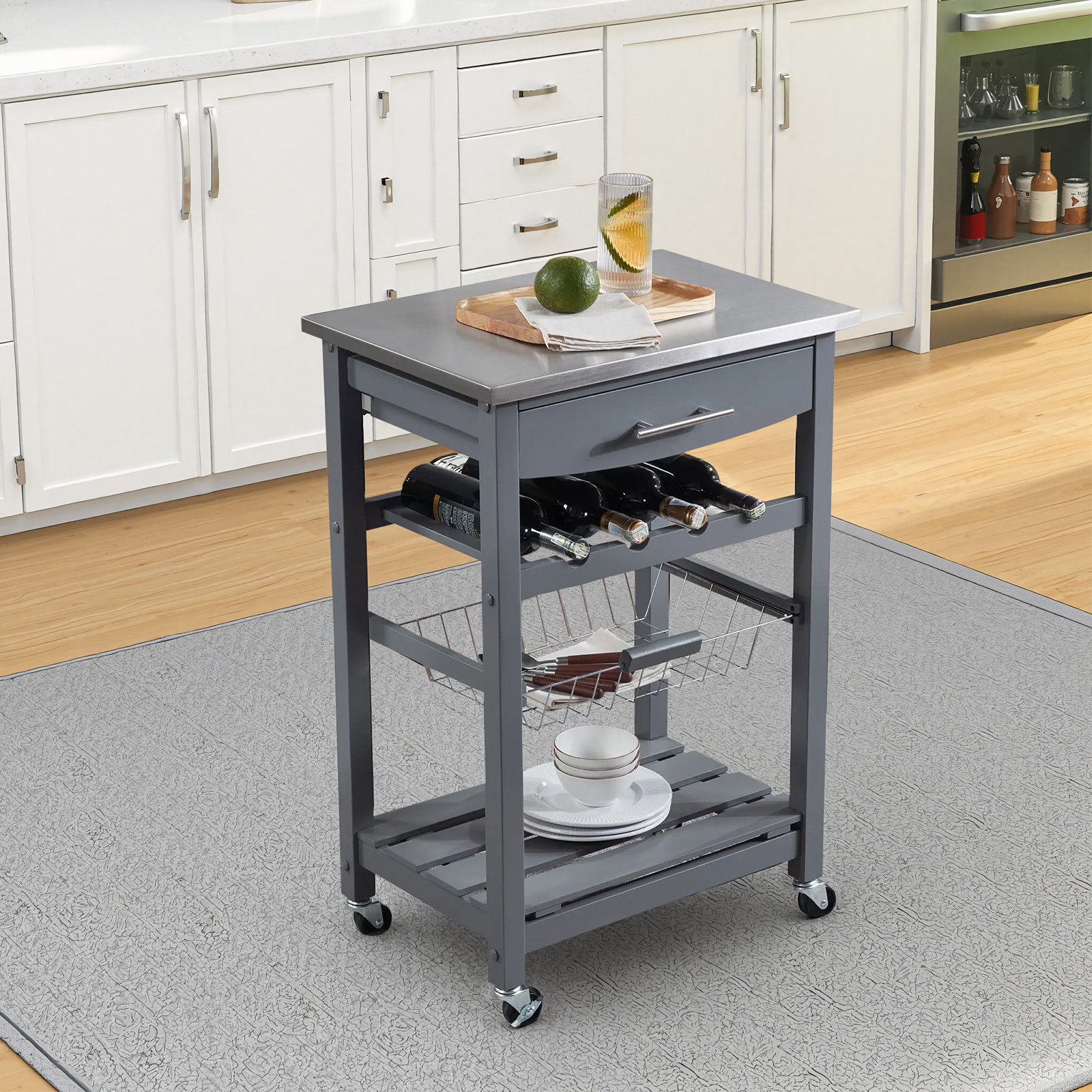 Winston Porter Mobile Indoor Kitchen Island Trolley Serving Cart with ...