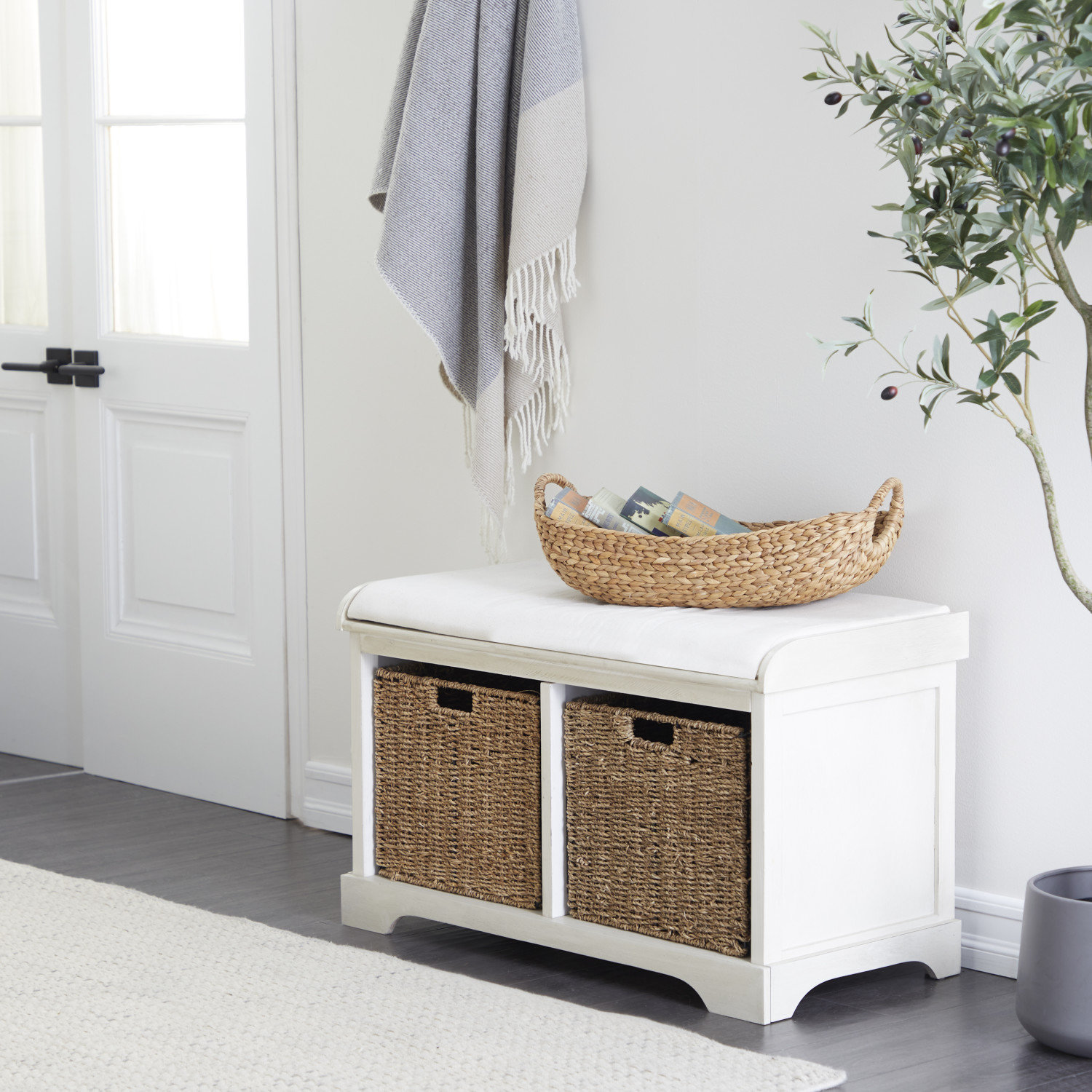 Dovecove Wood White Storage Bench with Brown Seagrass Baskets and ...