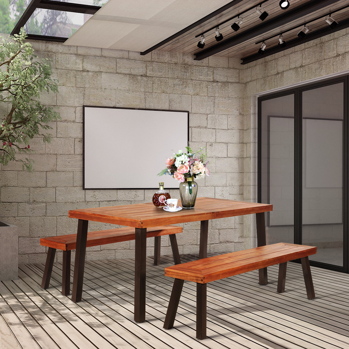 Foundry Select 3-piece Outdoor Acacia Wood Picnic Dining Table And ...