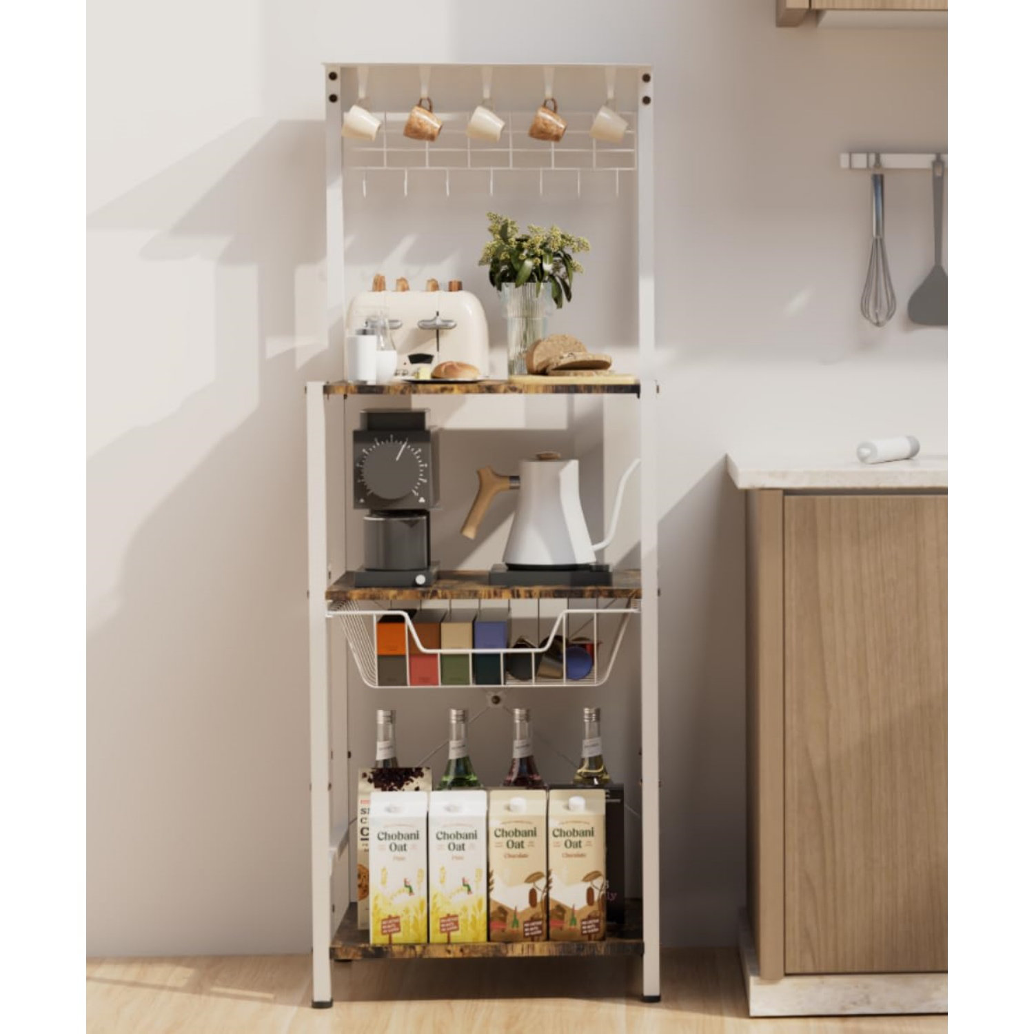 Ophelia & Co. 4 Tier Corner Bakers Rack With 5 Hooks & Wire Basket, For ...