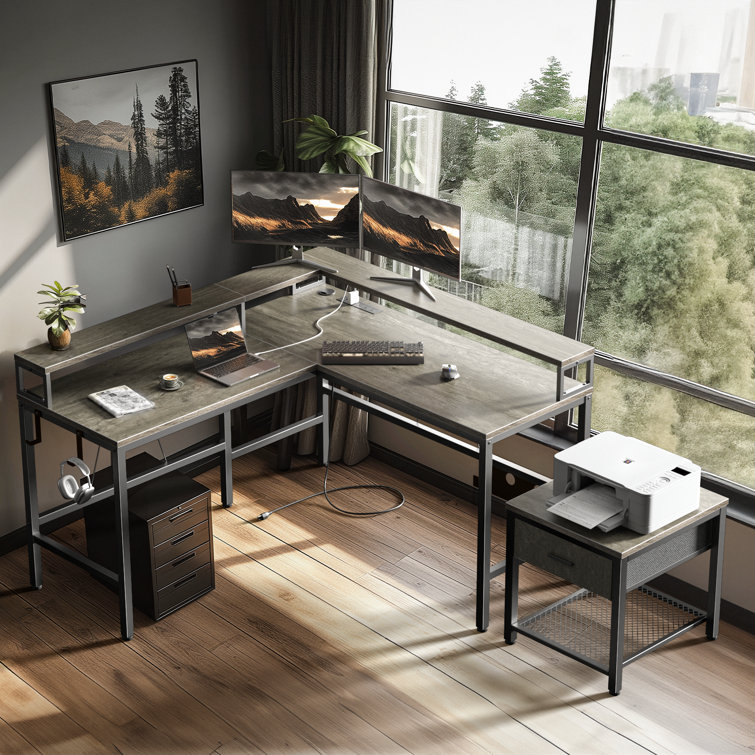 Helena 66.9'' W L-Shaped Computer Desk with Power Outlet & LED Strip ...