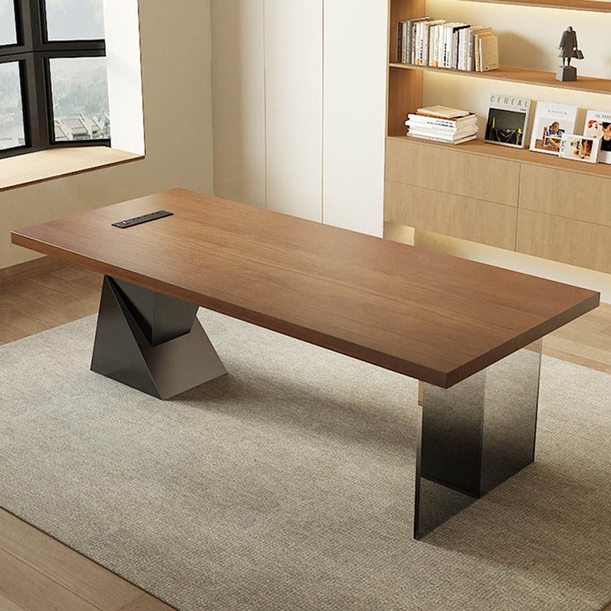 Hokku Designs A walnut-colored rectangular solid wood desk with sockets ...
