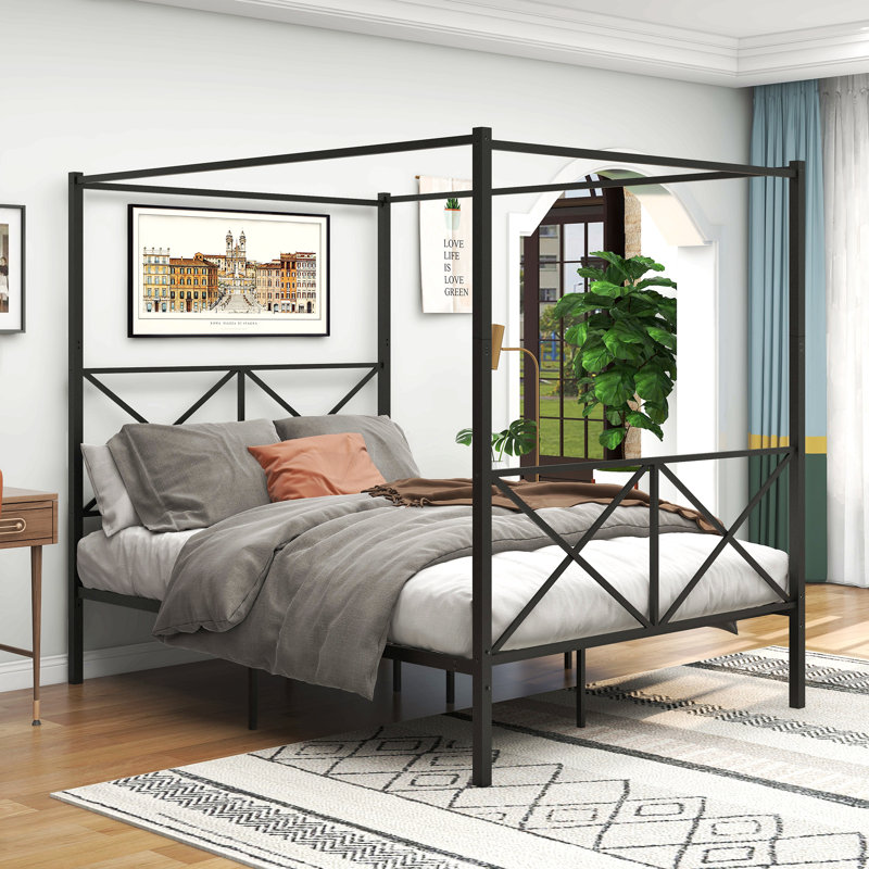 Astoria Grand Metal CaNopy Bed Frame, Platform Bed Frame with X Shaped ...
