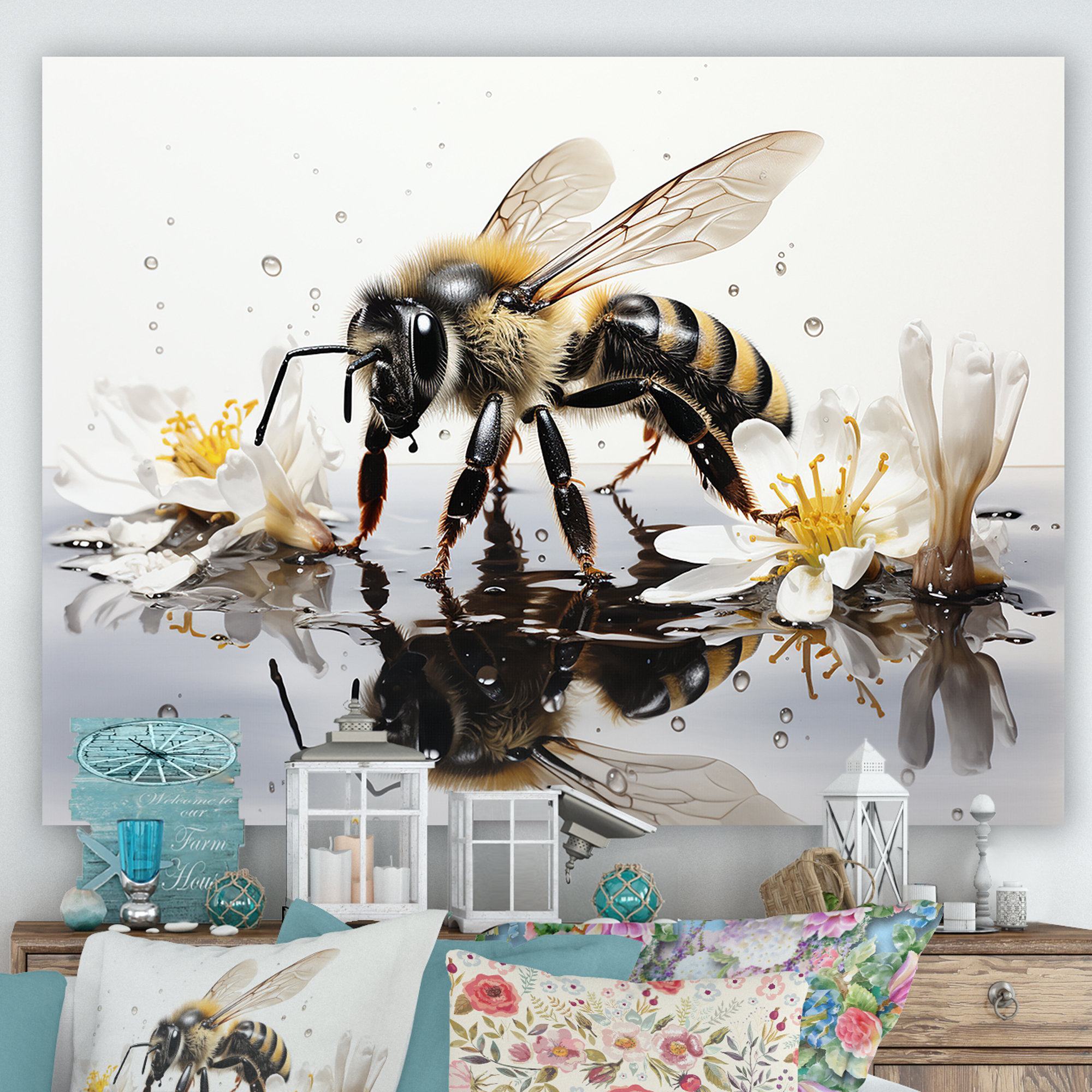 Gracie Oaks Minimalism Bee Reflection On Water On Canvas Print | Wayfair