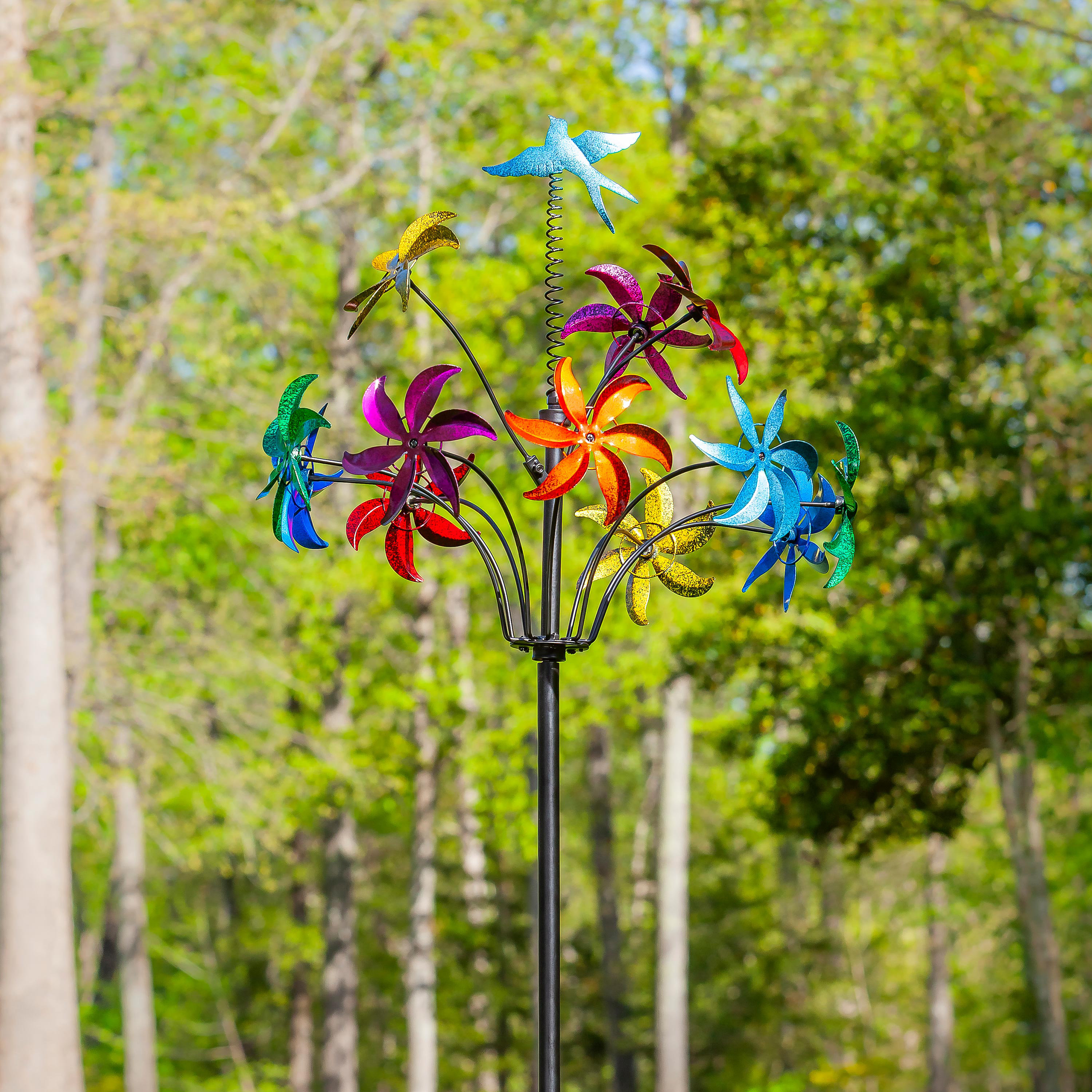 Dakota Fields Metal Wind Spinner, Twirling Colorful Flowers, 91"H | Wayfair